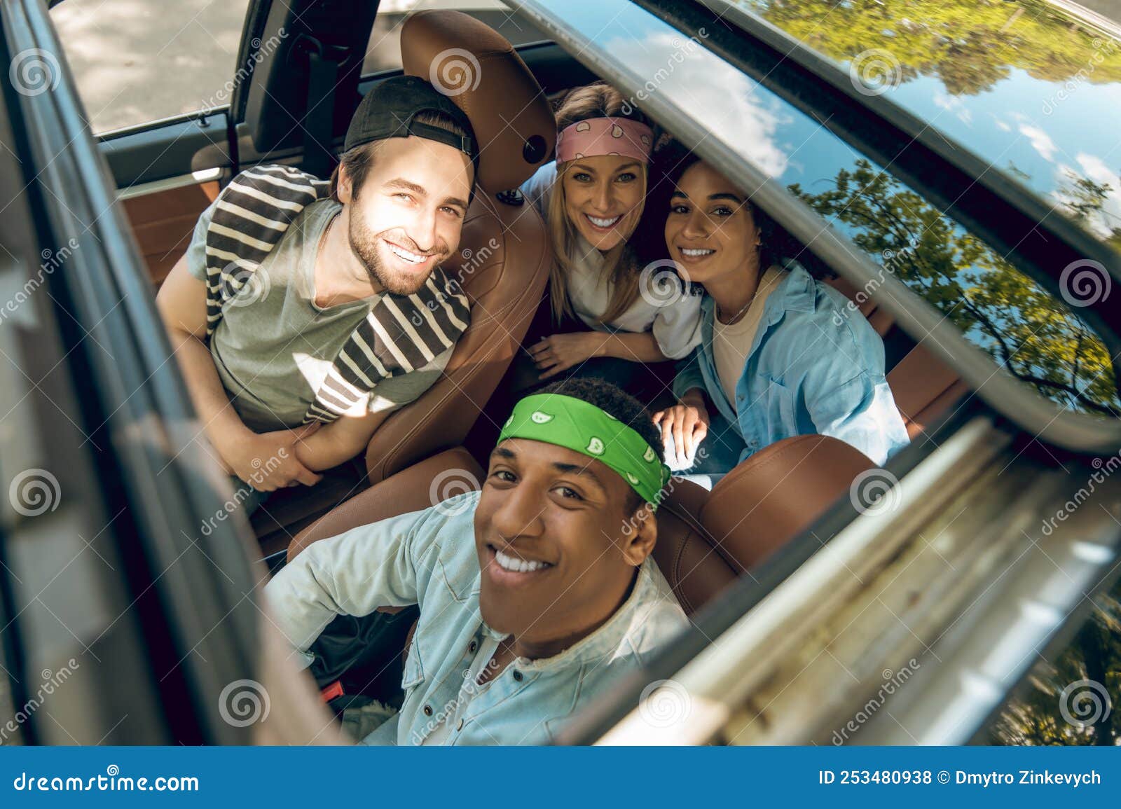 Happy Group of Friends in the Car Looking Excited Stock Photo - Image ...