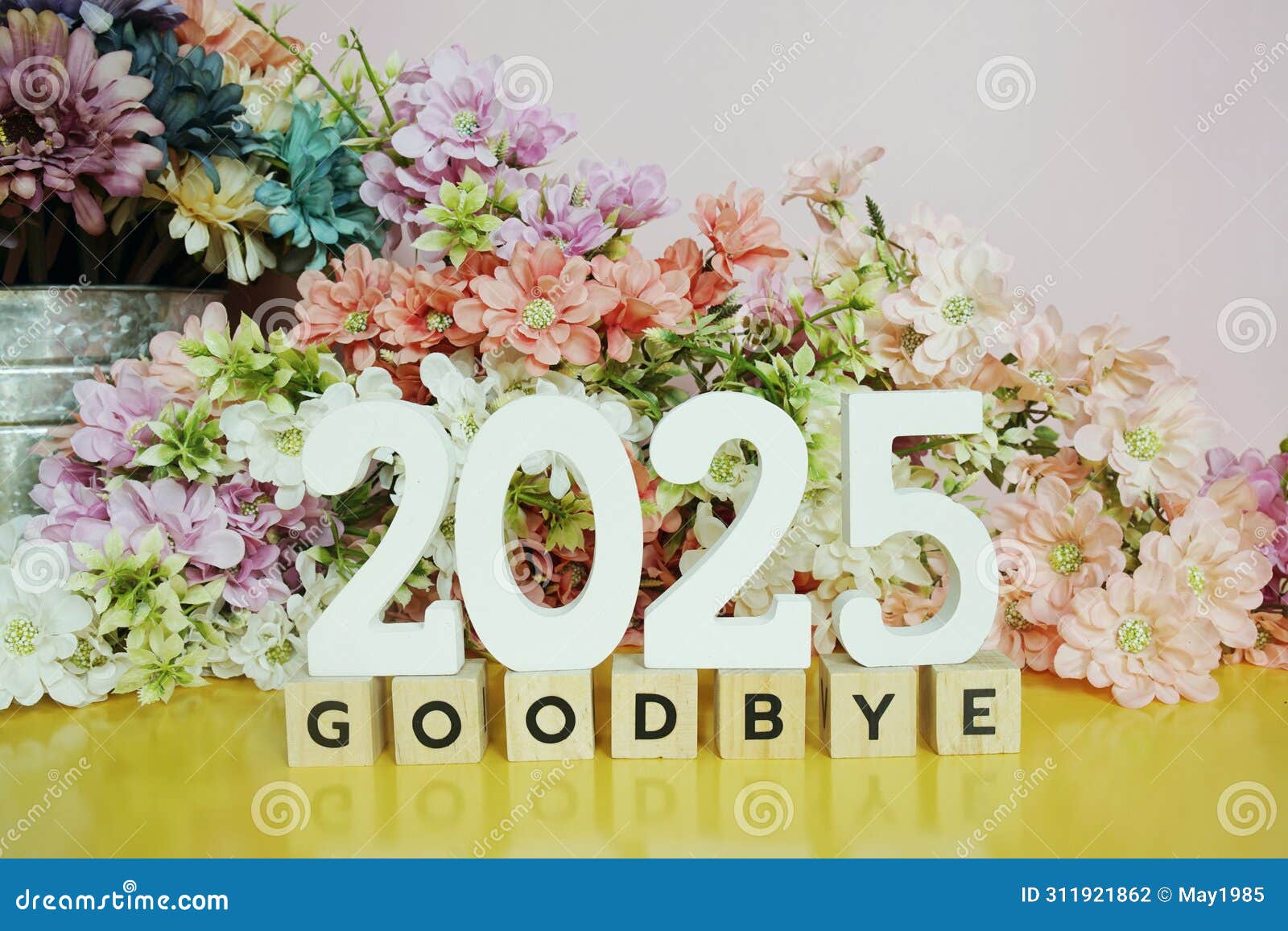 Goodbye 2025 Alphabet Letters with Flowers Blooming Bouquet on Yellow ...
