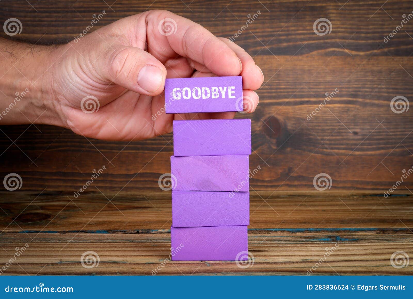 Goodbye Concept. Purple Blocks with Text in a Pile on a Wood Texture ...