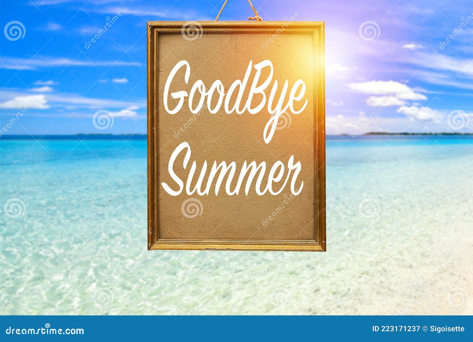Goodbye Summer Concept on Gold Picture Frame with Blurred Beach View ...