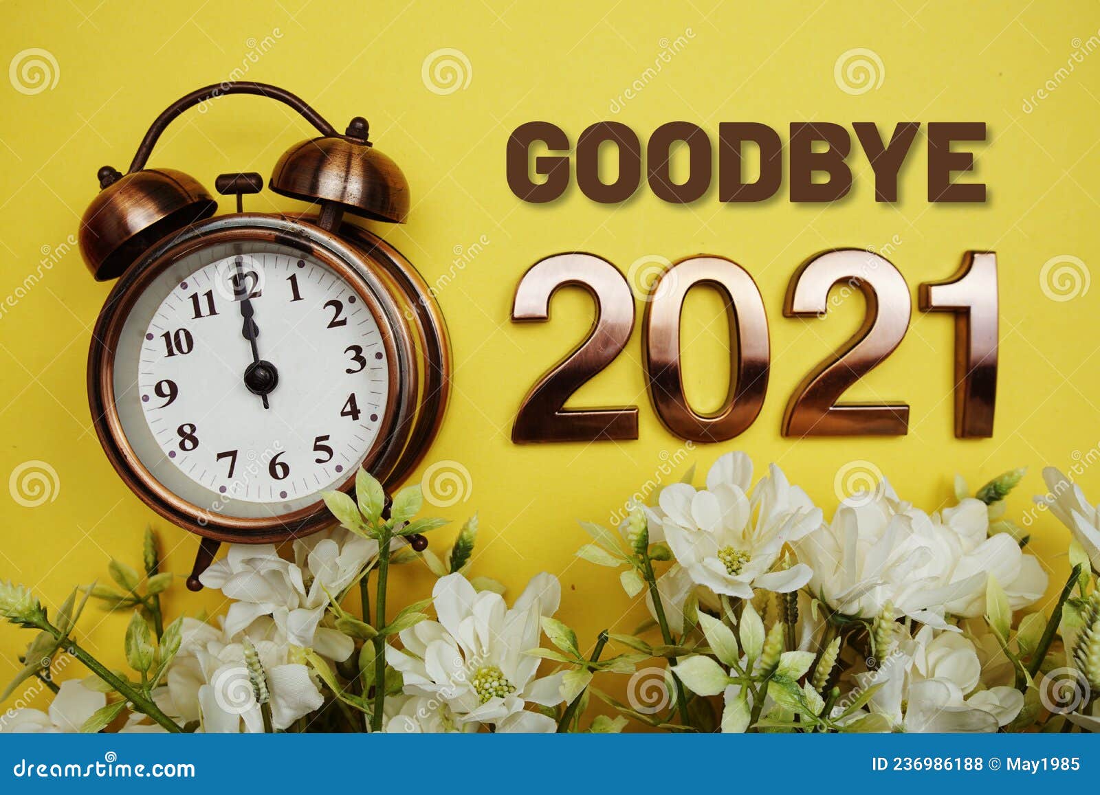 Goodbye 2021 Text with Alarm Clock and Flower Decoration on Yellow ...