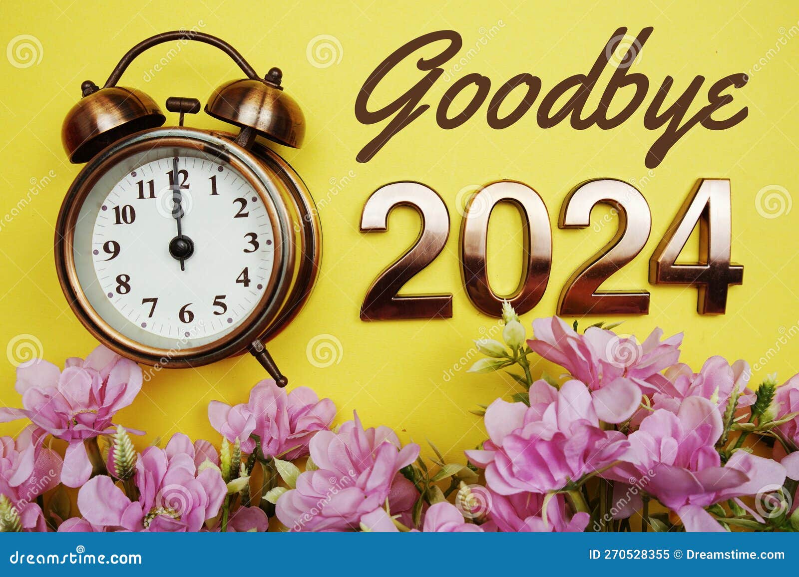 Goodbye 2024 Text with Alarm Clock and Flower Decoration on Yellow ...