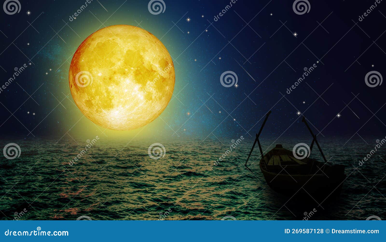 Yellow Moon and Old Ships Wandering in the Sea, Night Sky, Night ...