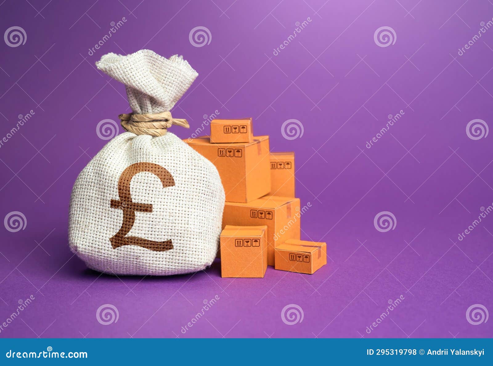 Goods Boxes and British Pound Sterling Money Bag. Stock Photo - Image ...
