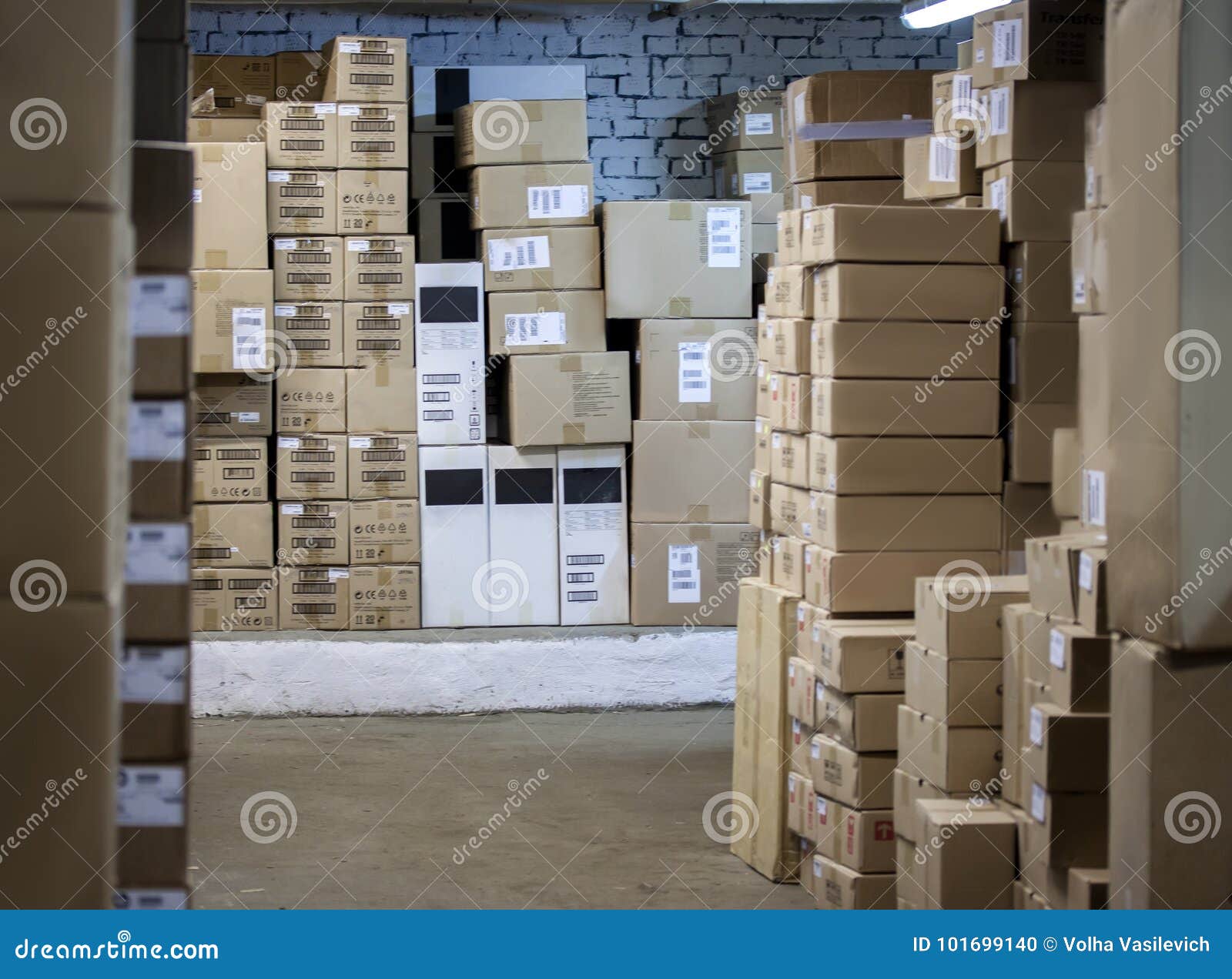 The Goods in the Boxes in the Warehouse are Stacked in Rows Close-up ...