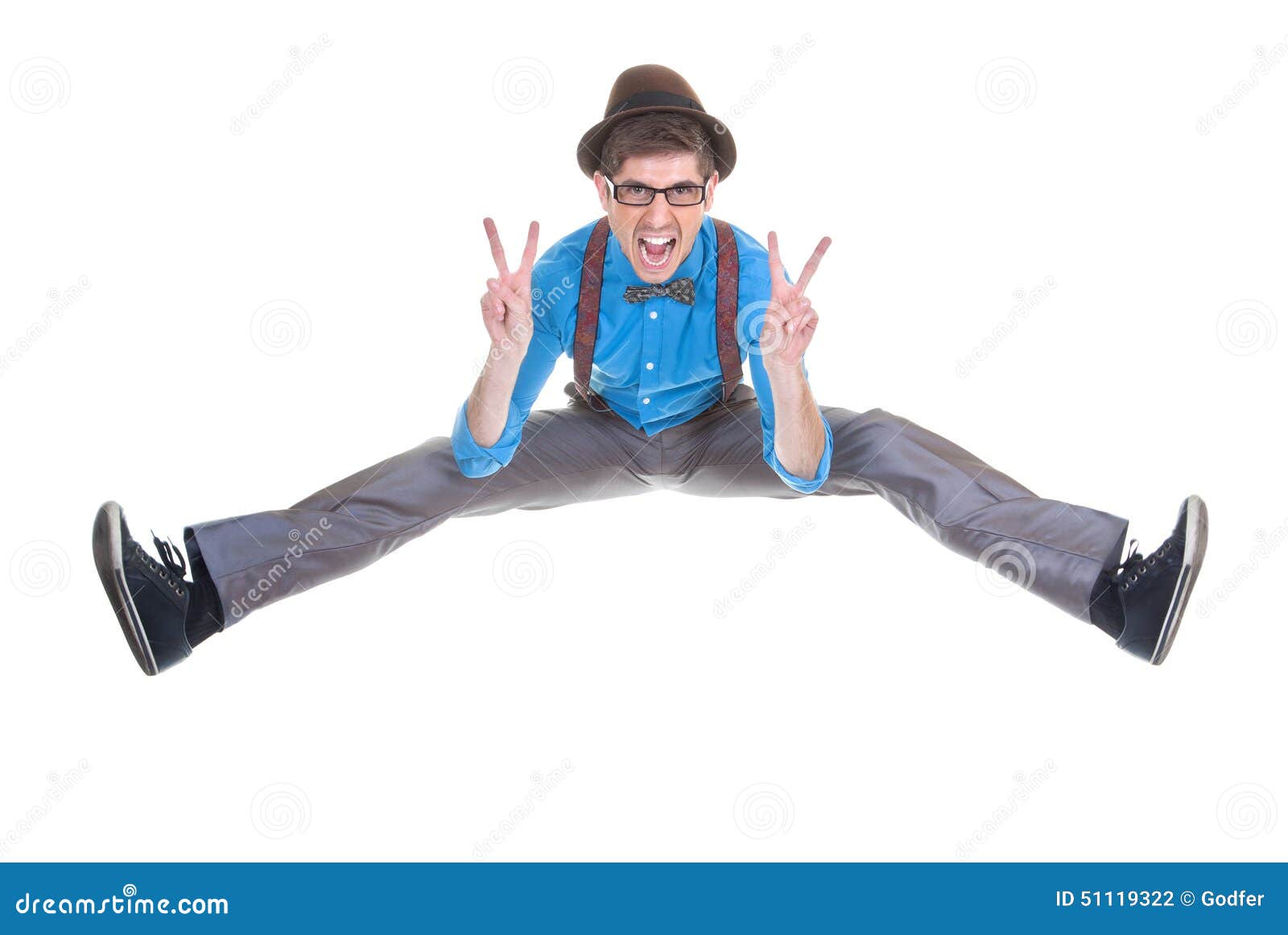 Goofy, Nerd Geek Jumping with V Sign Stock Photo - Image of carefree ...