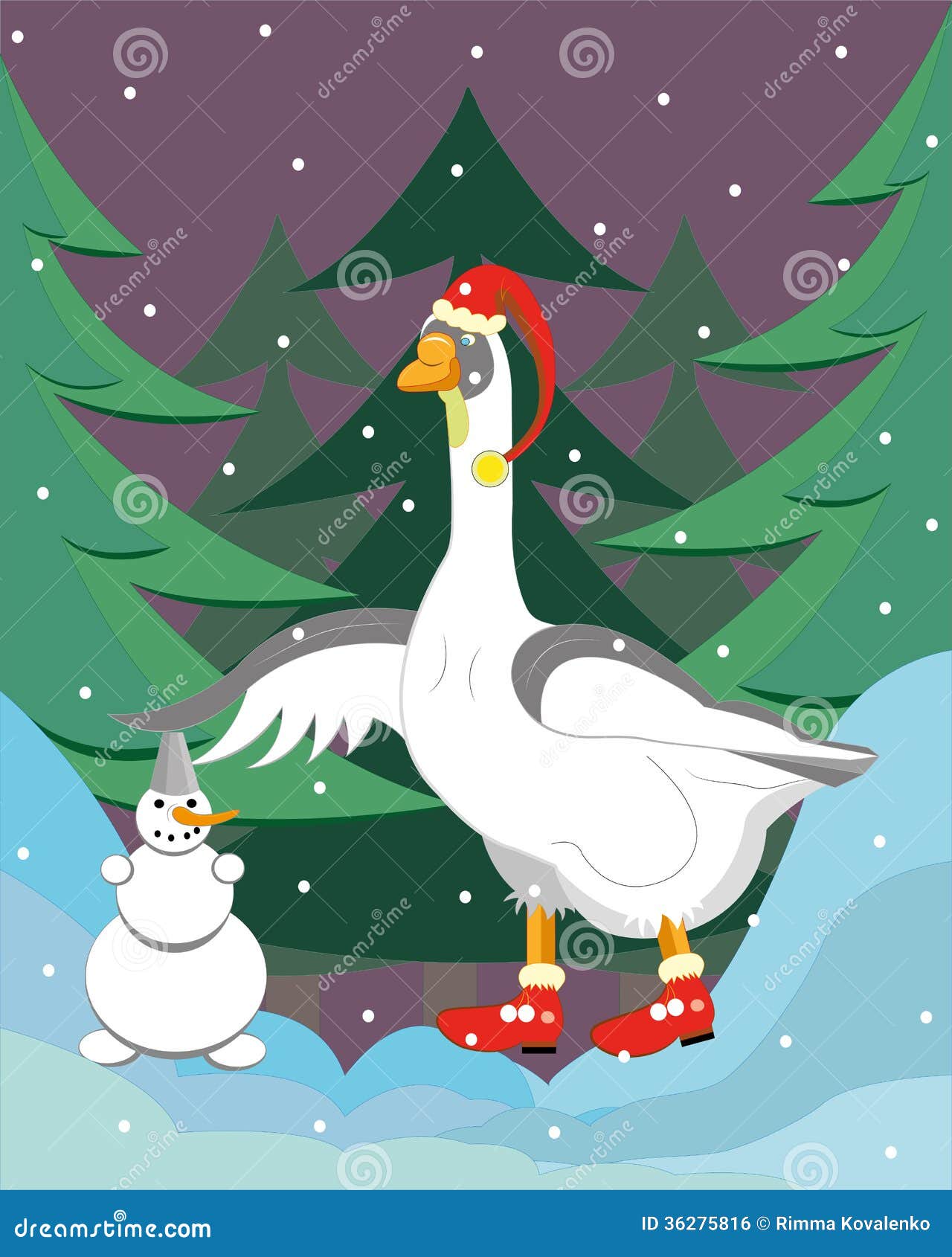 The Goose Builds a Snowman. Stock Vector - Illustration of goose, trees ...