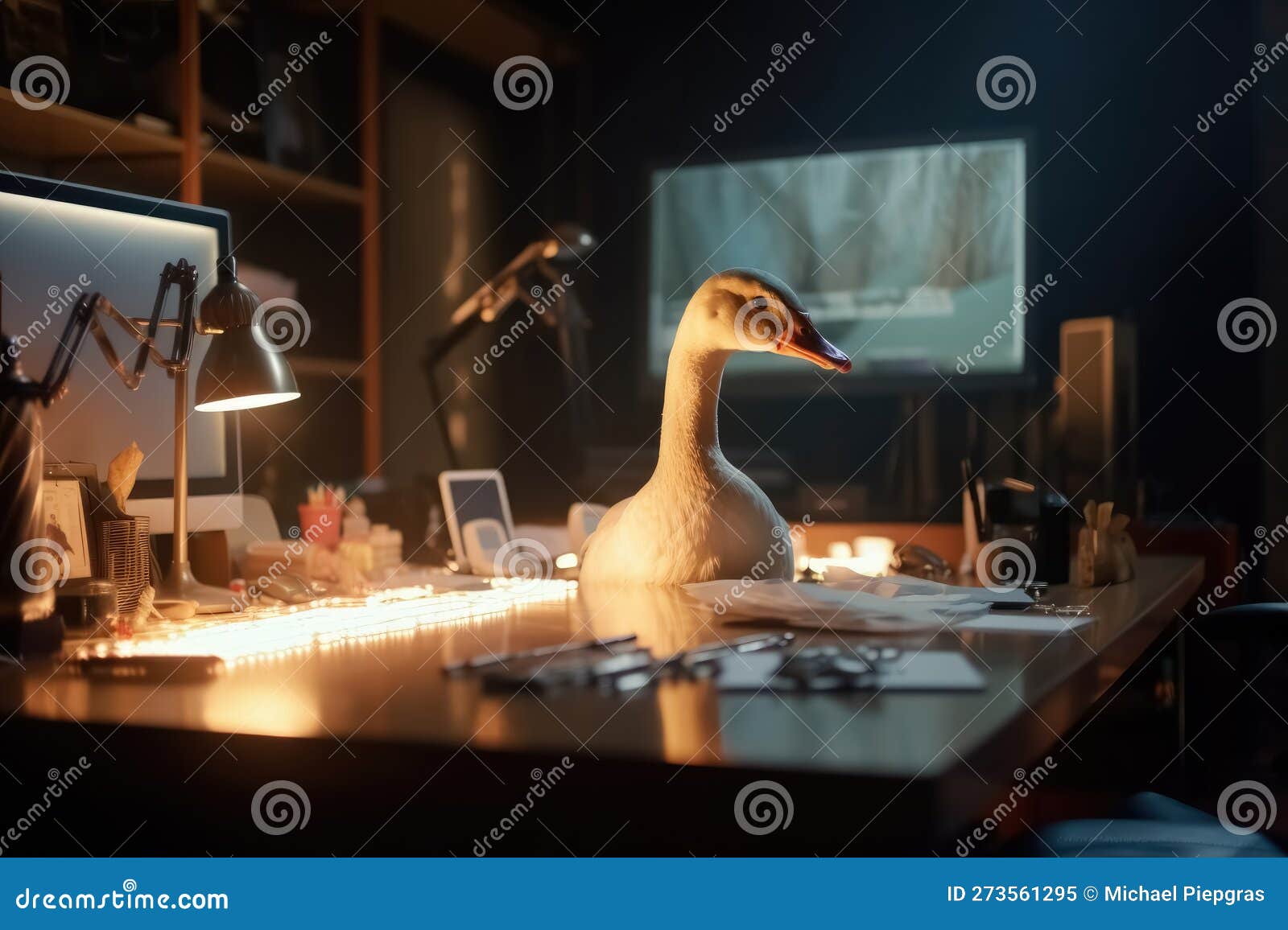 A Goose with White Feathers Works Hard at a Desk in the Office Created ...