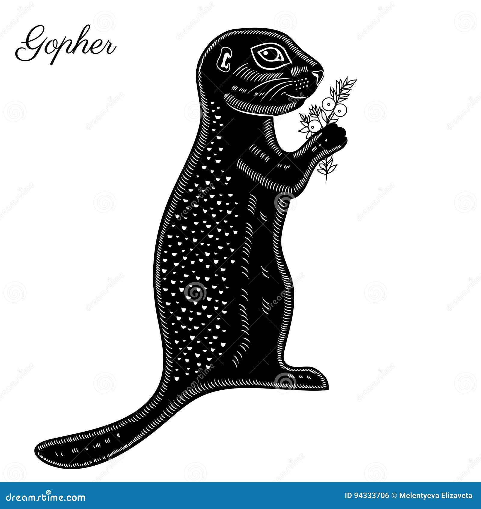 Gopher With Crowberry Hand Drawn Illustration Vector Doodle Sketch