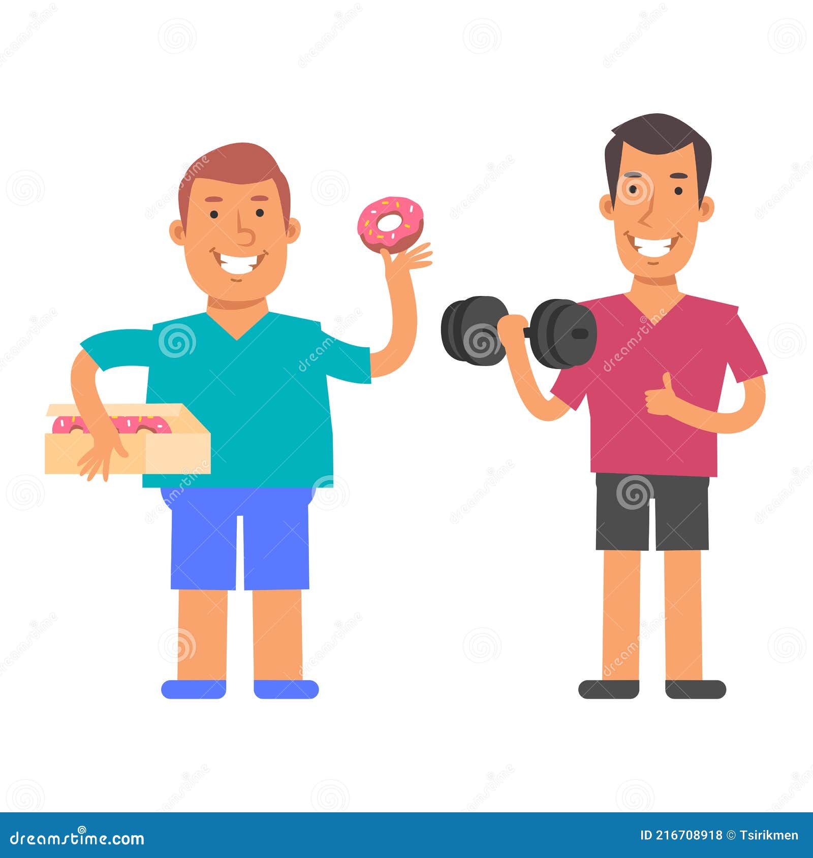 Gordo Agarrando Donut Y Sonriendo. Hombre Delgado Sosteniendo Mancuerna ... Gordo Agarrando Donut Y Sonriendo. Hombre Delgado Sosteniendo Mancuerna ...
