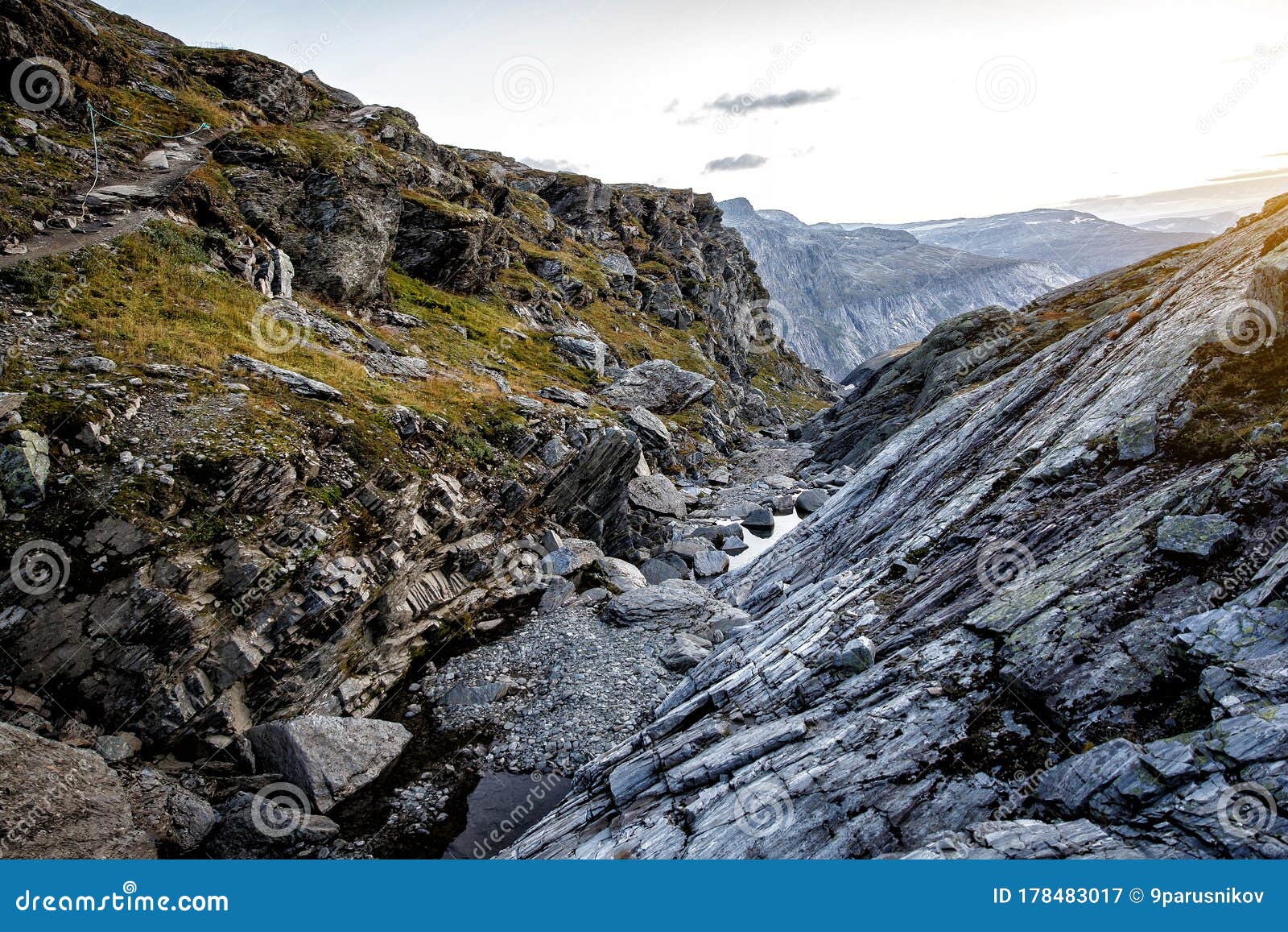 Gorge in the Norwegian Mountains. Stone Texture at Sunset Stock Image ...