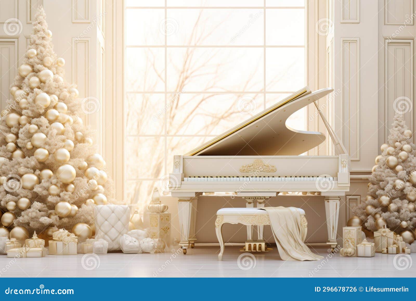 Gorgeous Backdrop with a Golden Piano and Festive Trees Stock ...