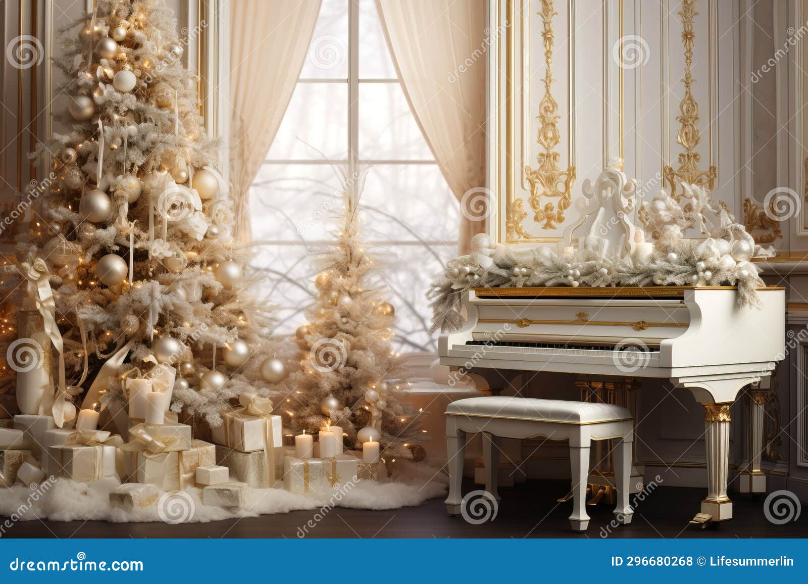 Gorgeous Backdrop with a Golden Piano and Festive Trees Stock Photo ...