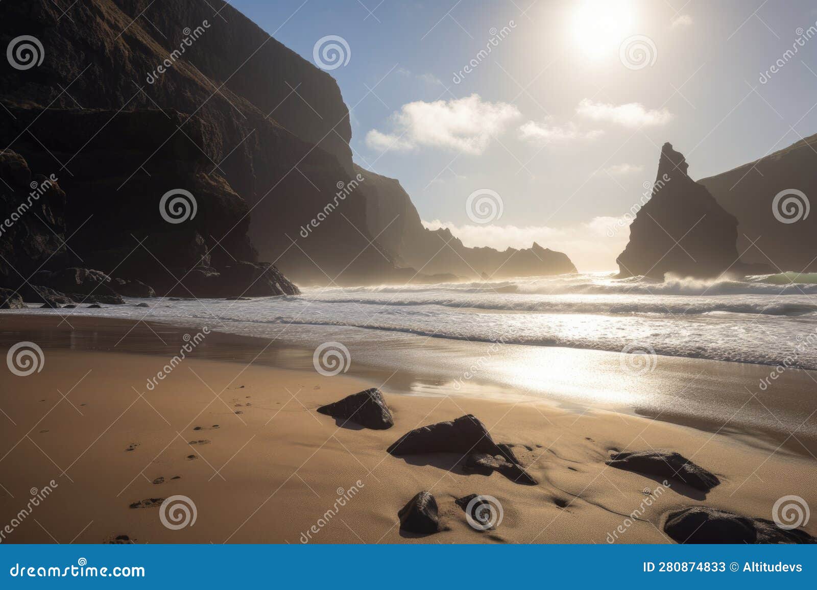Gorgeous Beach with Towering Cliffs, Waves Rolling in, and the Sun ...