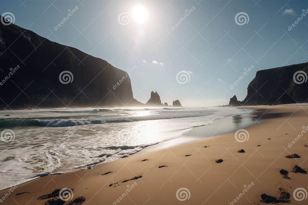 Gorgeous Beach with Towering Cliffs, Waves Rolling in, and the Sun ...
