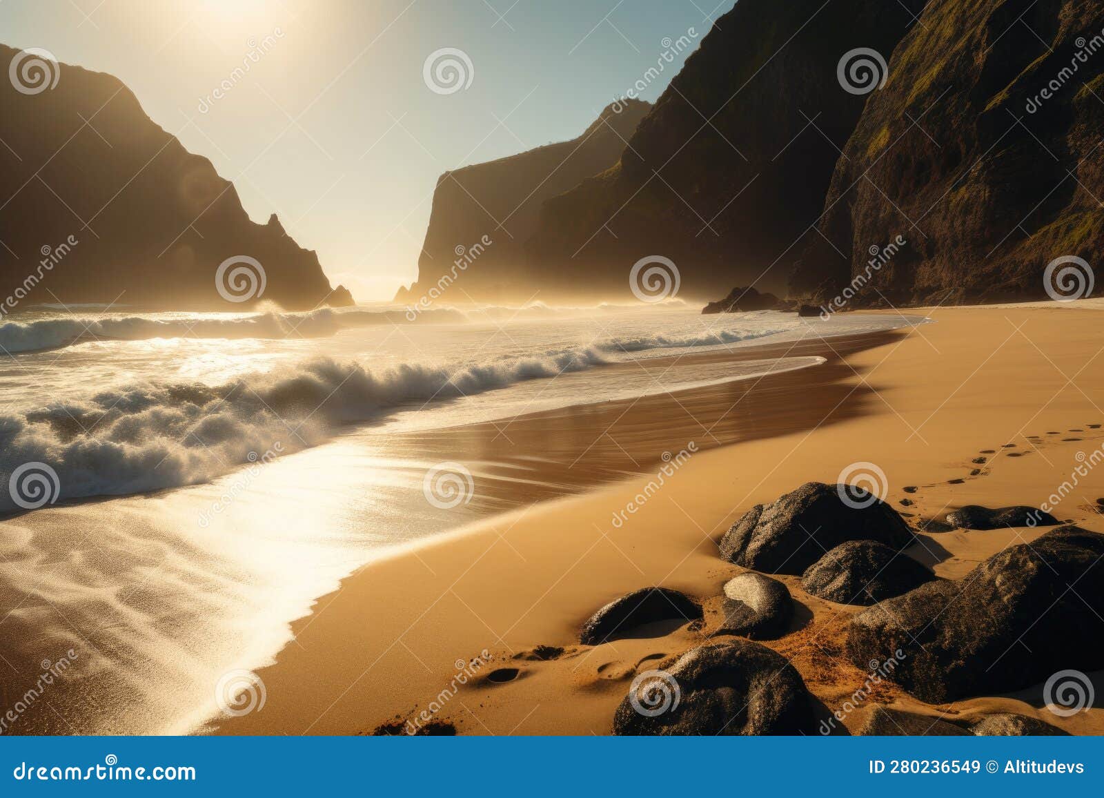 Gorgeous Beach with Towering Cliffs, Waves Rolling in, and the Sun ...