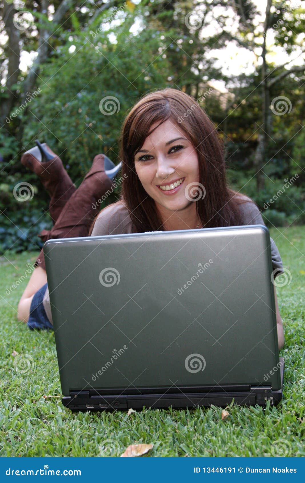 Gorgeous Brunette Lady and Laptop Computer Stock Image - Image of park ...