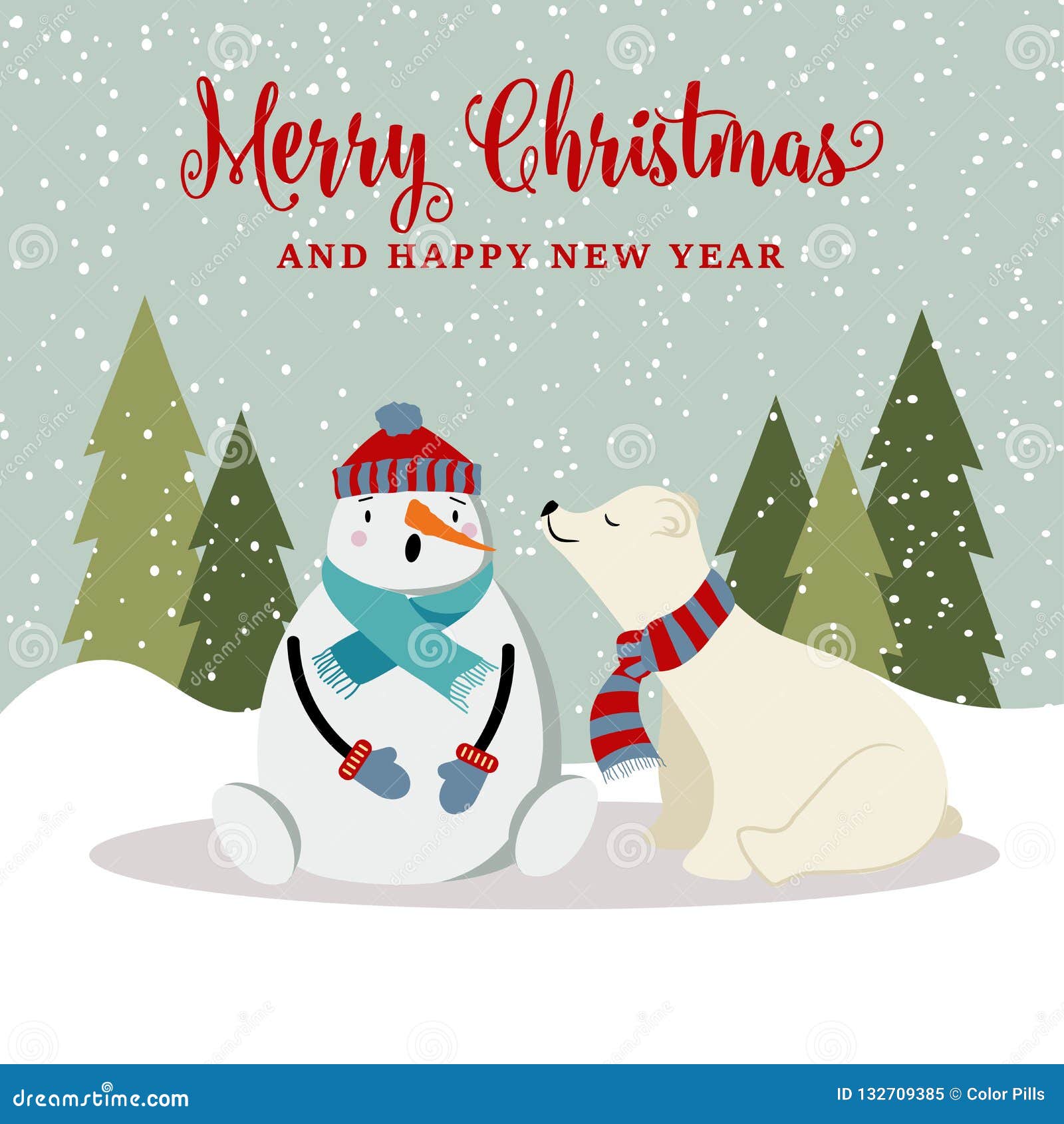 Gorgeous Christmas Card With Snowman And Polar Bear Stock Vector
