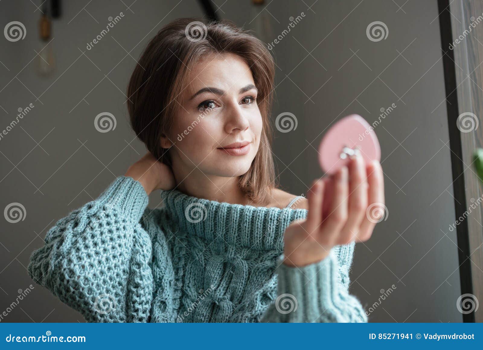 Gorgeous Cute Lady Sitting in Cafe and Looking at Mirror. Stock Image ...