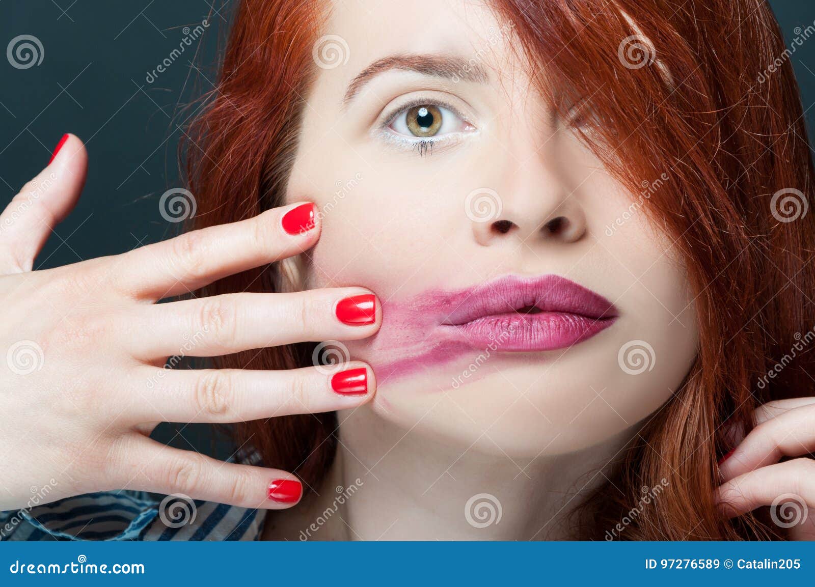 Gorgeous Face Of Young Female With Smeared Lipstick Stock Image - Image ...