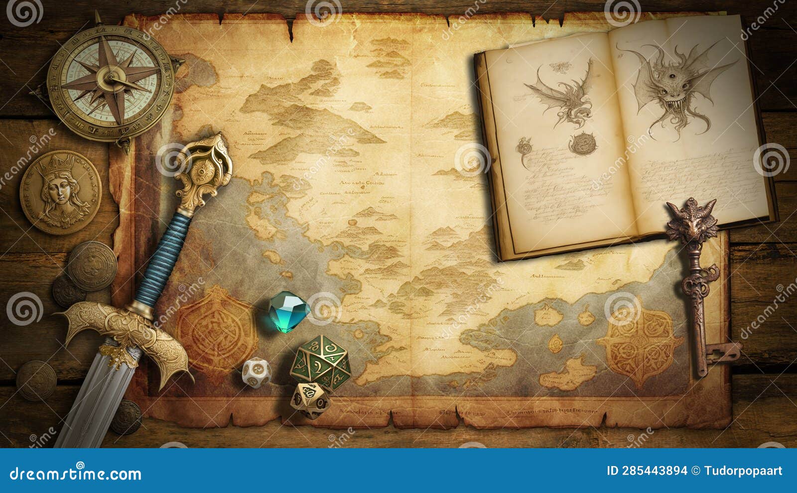 Gorgeous Fantasy Art Frame Background with Ancient Map and Dices Stock ...