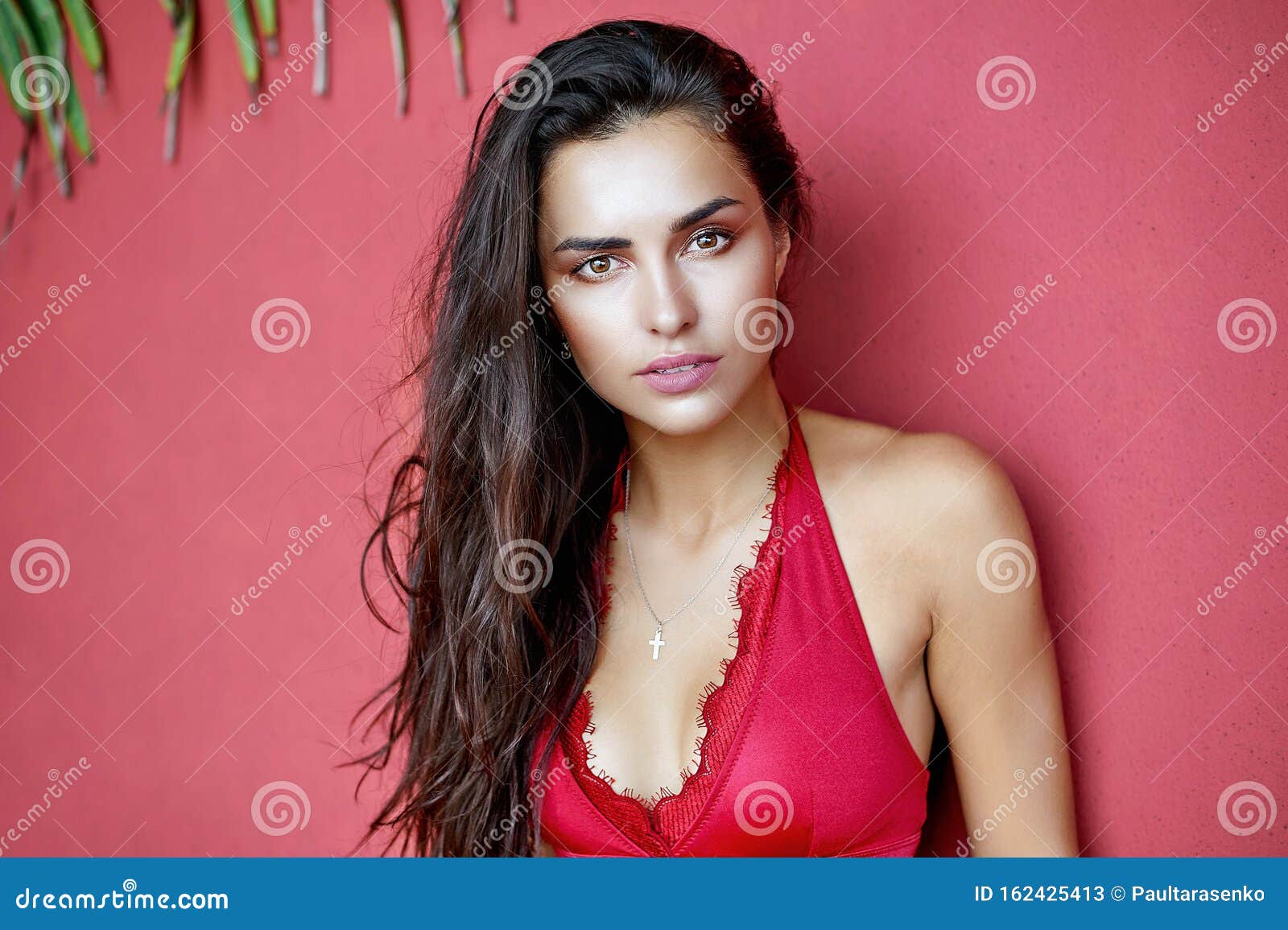 Gorgeous Natural Beauty Brunette Woman Face Close Up Portrait Stock