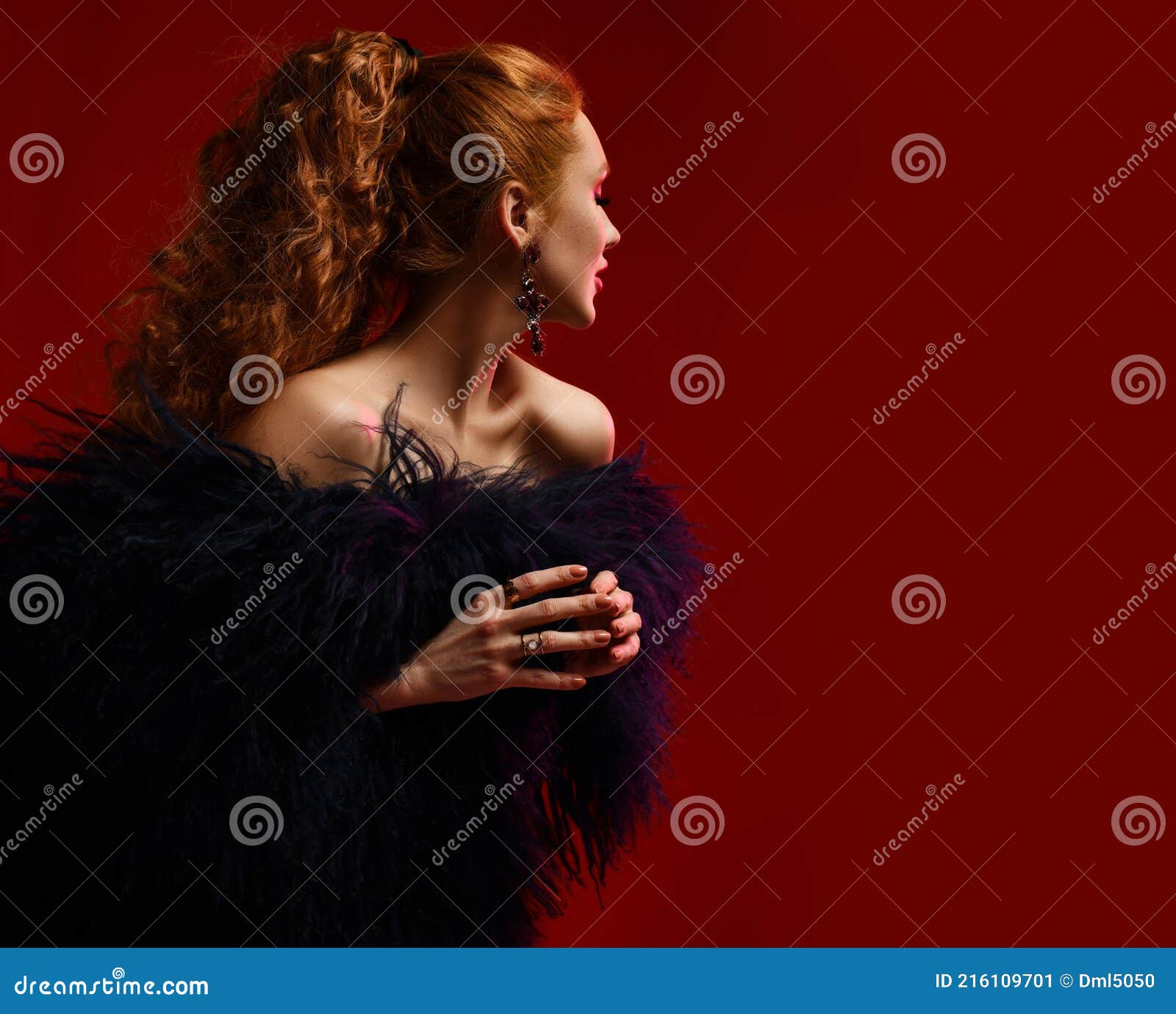 Gorgeous Rich Young Woman With Red Curly Hair Wearing Luxury Fur Coat