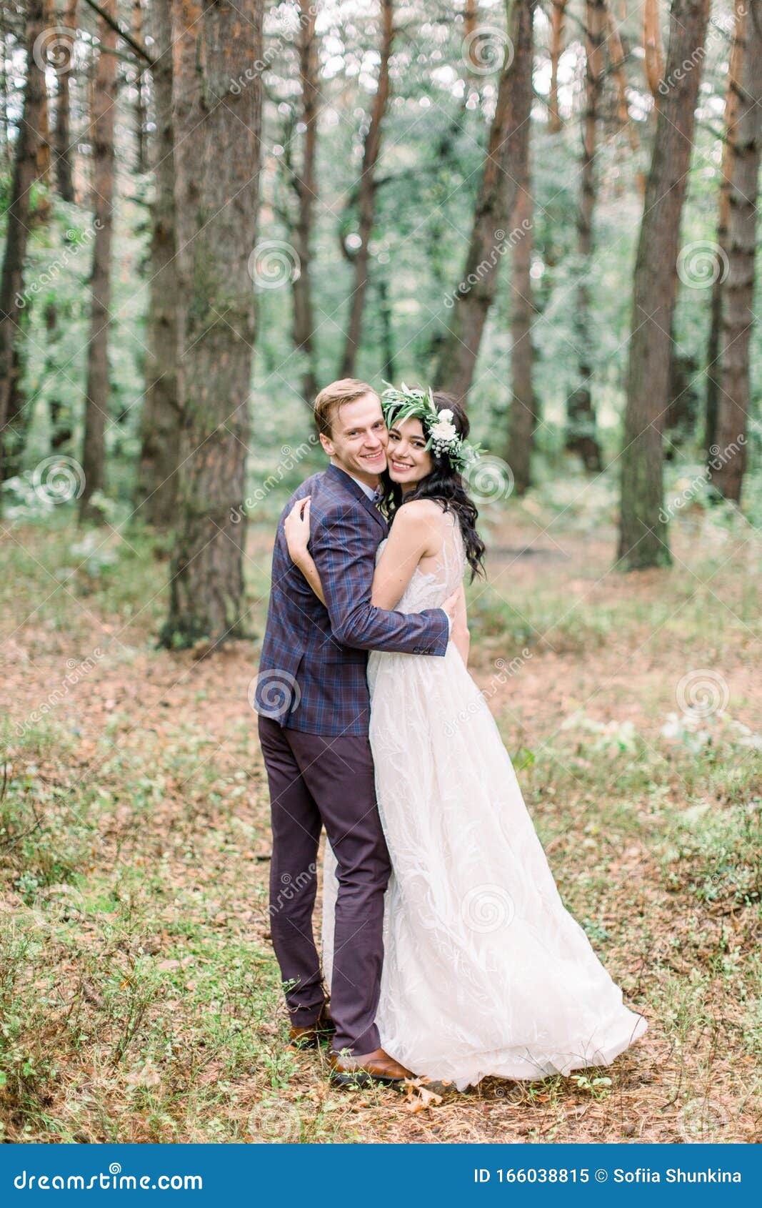 Gorgeous Wedding Rustic Couple Hugging, Smiling and Walking in Forest ...
