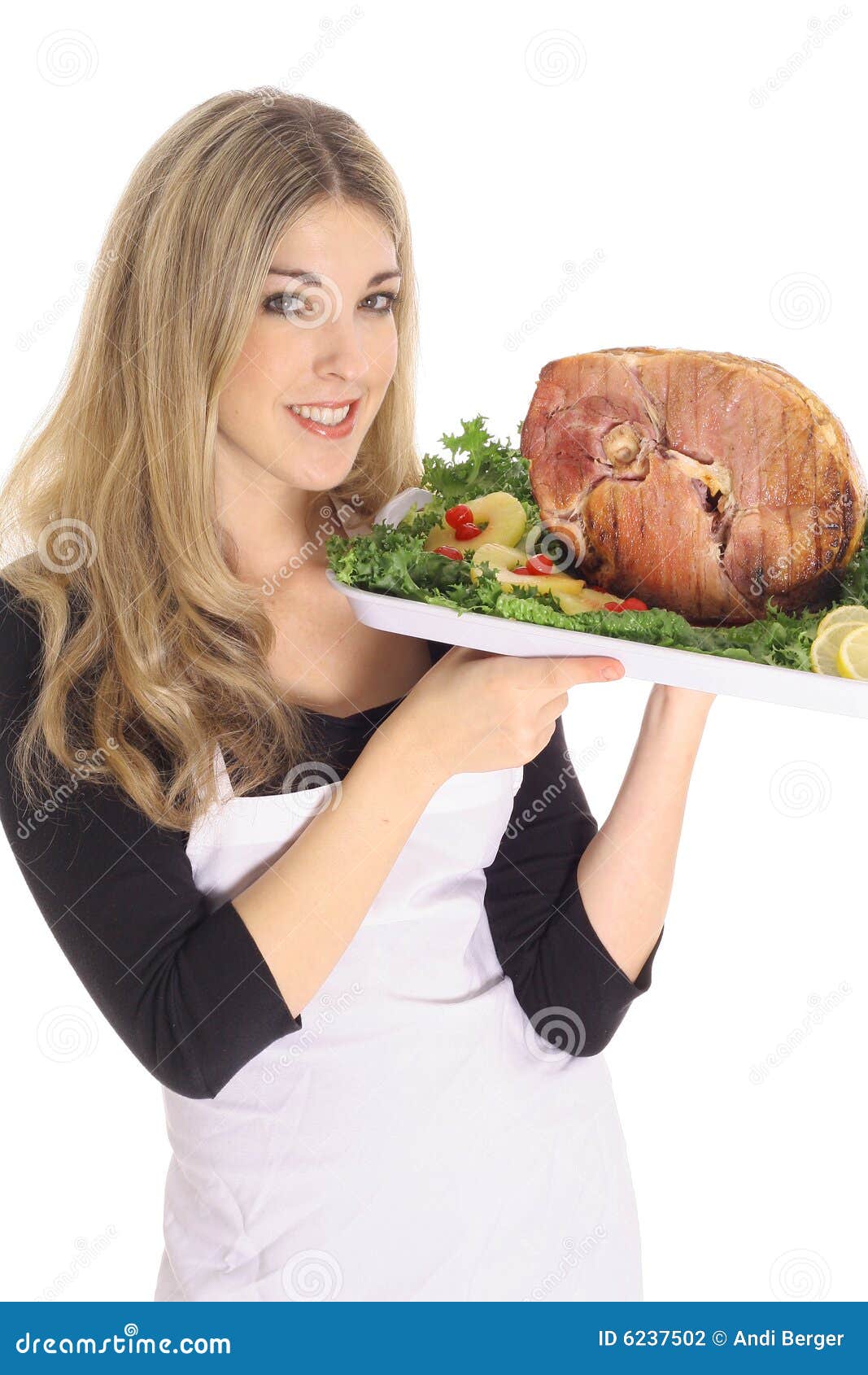 Gorgeous Woman Serving a Ham Stock Photo - Image of glisten, cherries ...