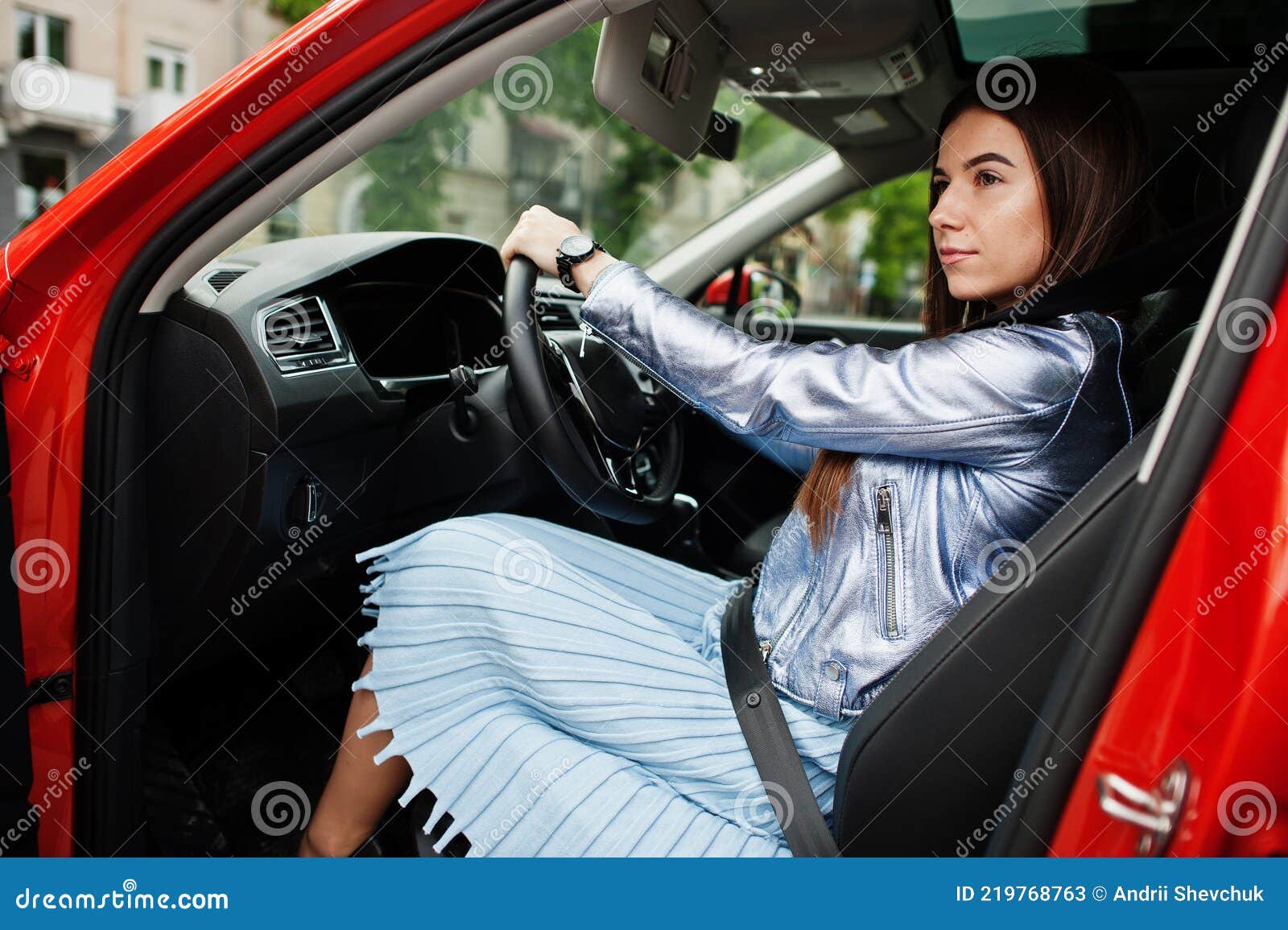 Gorgeous Woman Sitting Inside Car with Open Door Stock Image - Image of ...