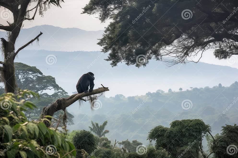 Gorilla Climbing Tree, with View of Misty Mountain Range Stock ...