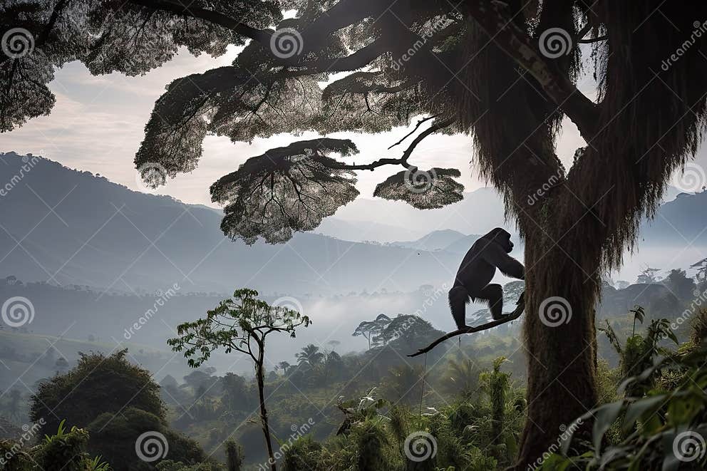Gorilla Climbing Tree, with View of Misty Mountain Range Stock ...