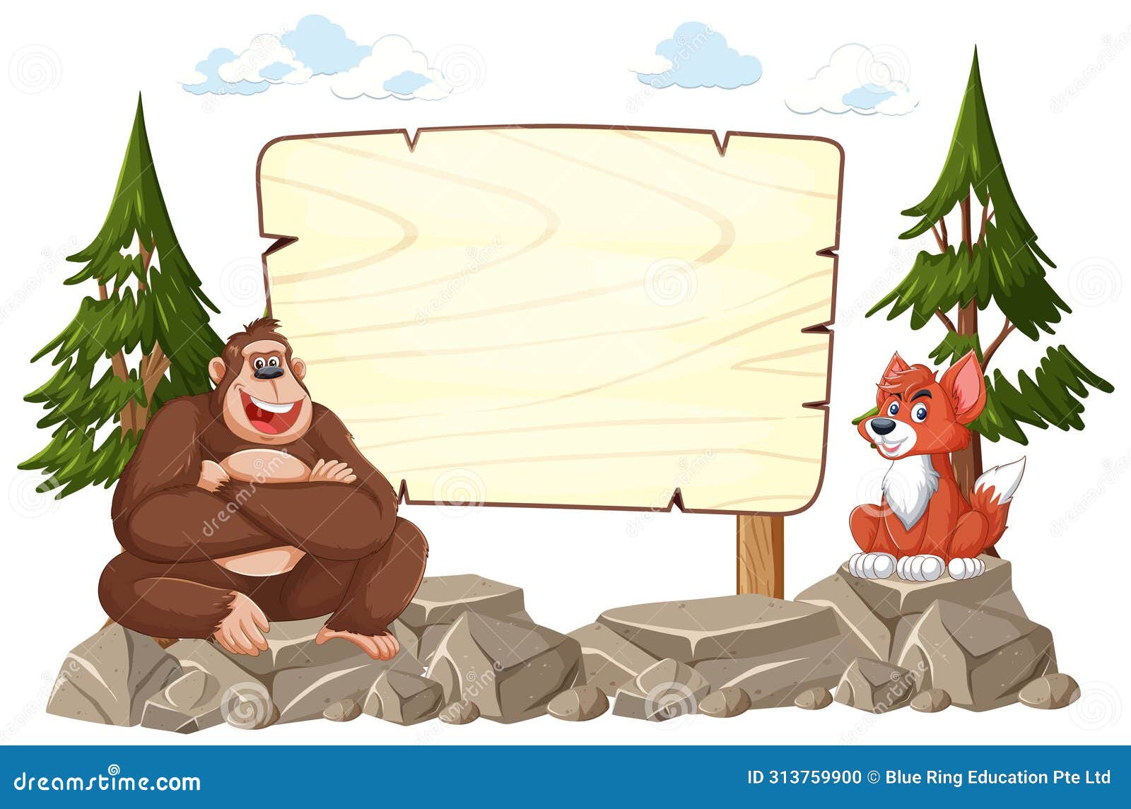 A Gorilla and Fox beside a Wooden Sign Stock Vector - Illustration of ...
