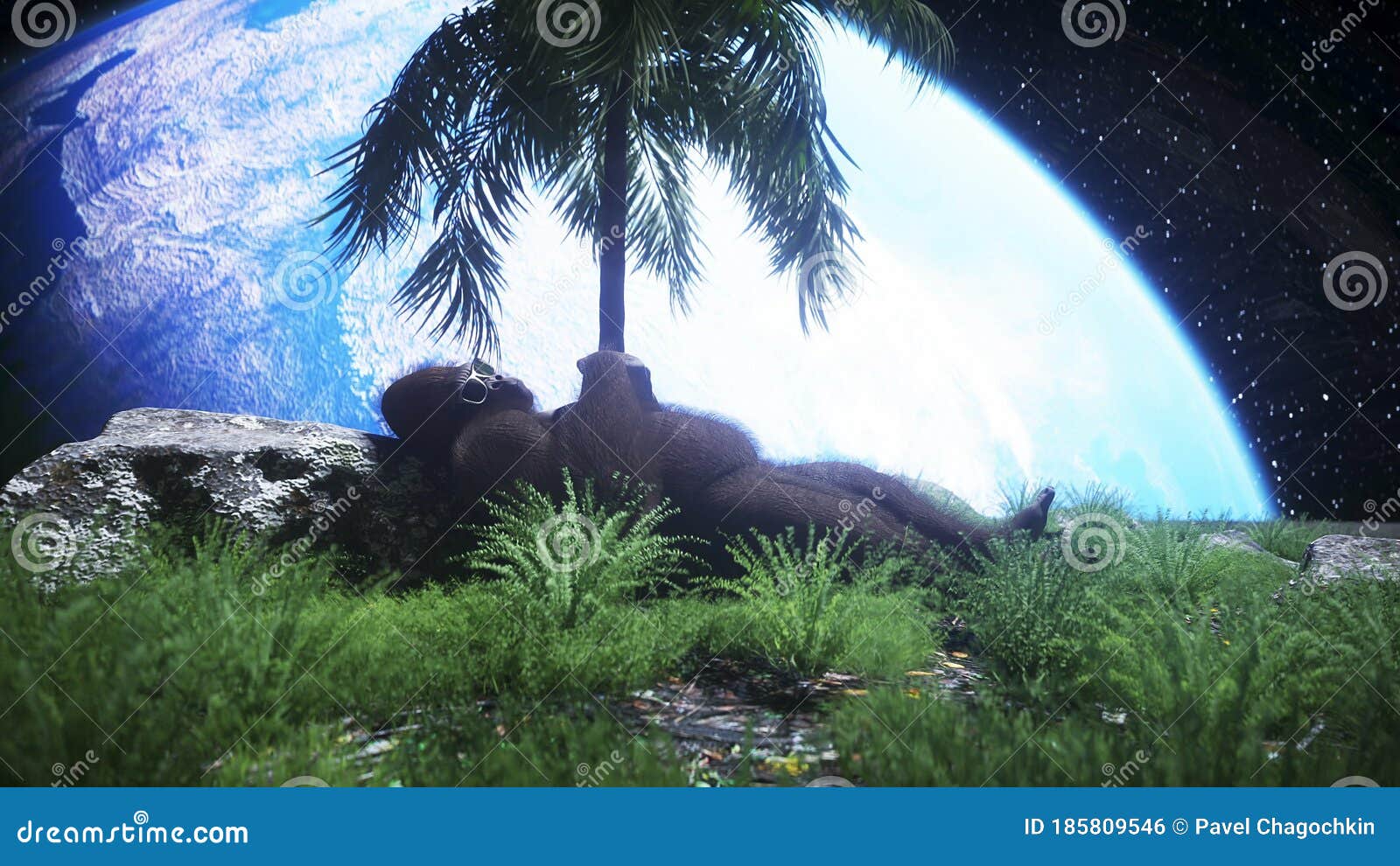 Gorilla Idle on the Moon Oasis. 3d Rendering. Stock Illustration ...