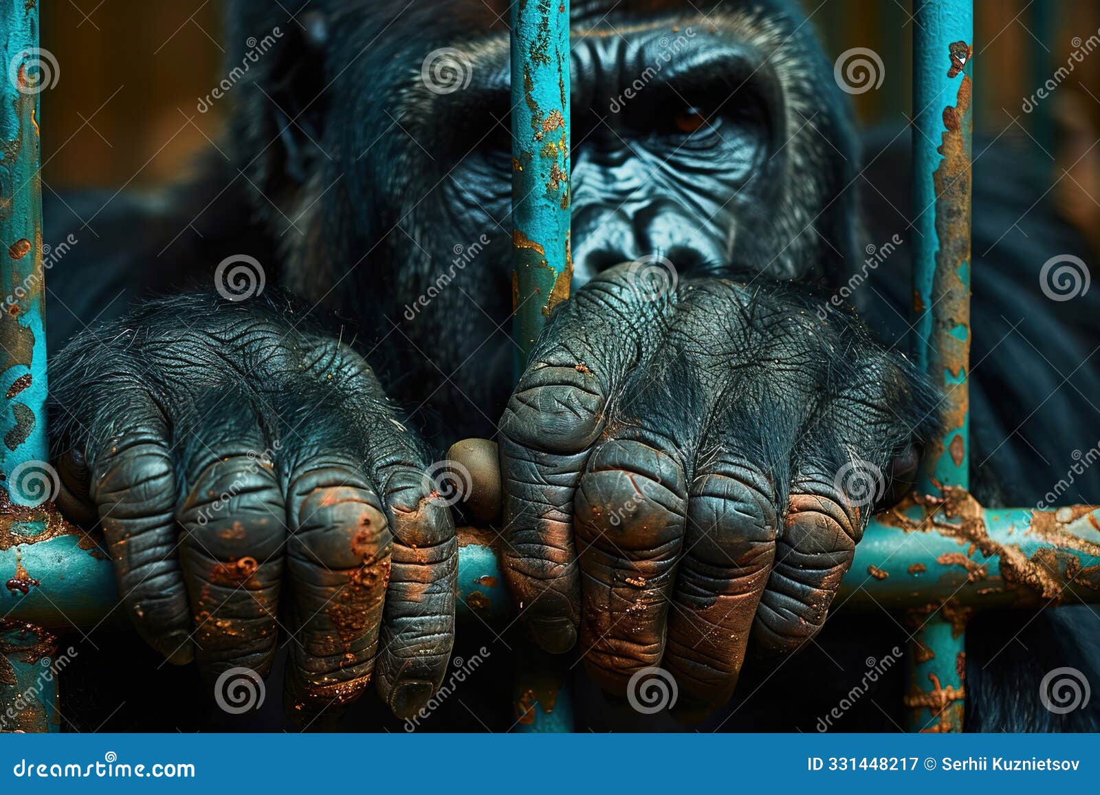 Gorilla Monkey in a Cage Behind Bars Sad, Holding the Cage with His ...
