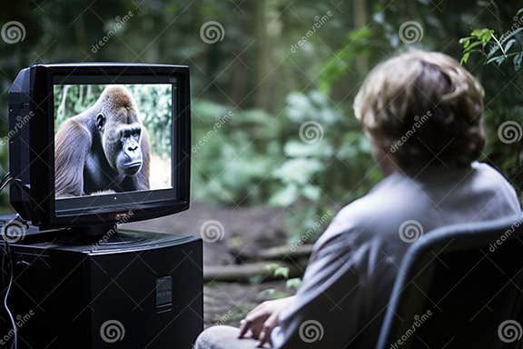 A Gorilla Observed through a Computer Screen Stock Image - Image of ...