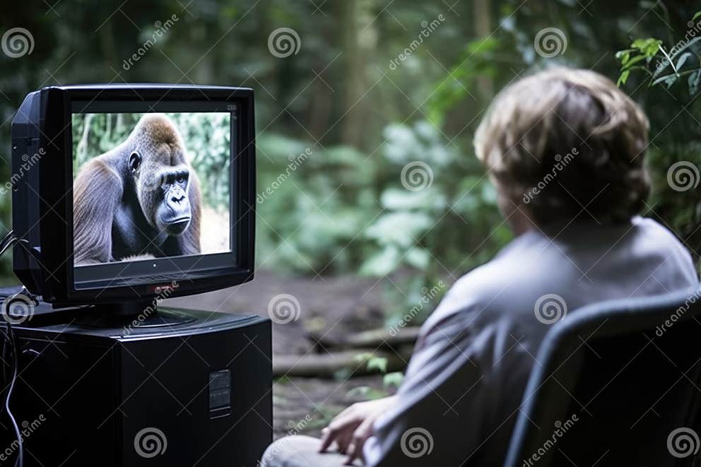 A Gorilla Observed through a Computer Screen Stock Image - Image of ...