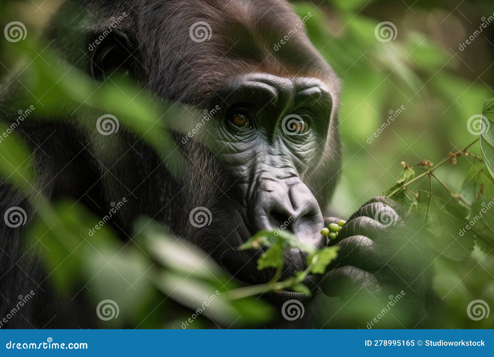 Gorilla Picking Berries from Bush in the Forest Stock Illustration ...