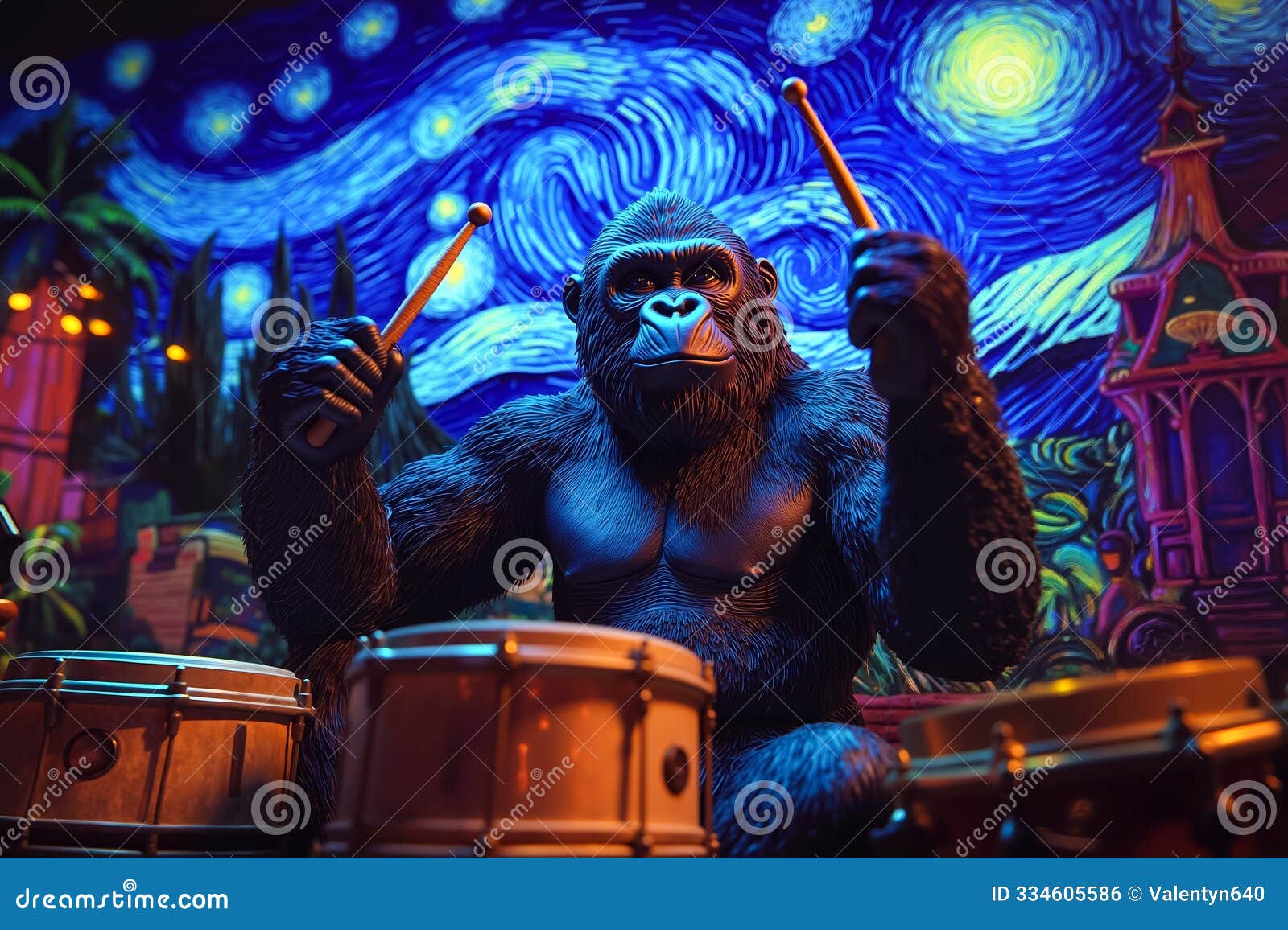 A Gorilla Playing Drums in Front of a Starry Night Sky Stock Photo ...
