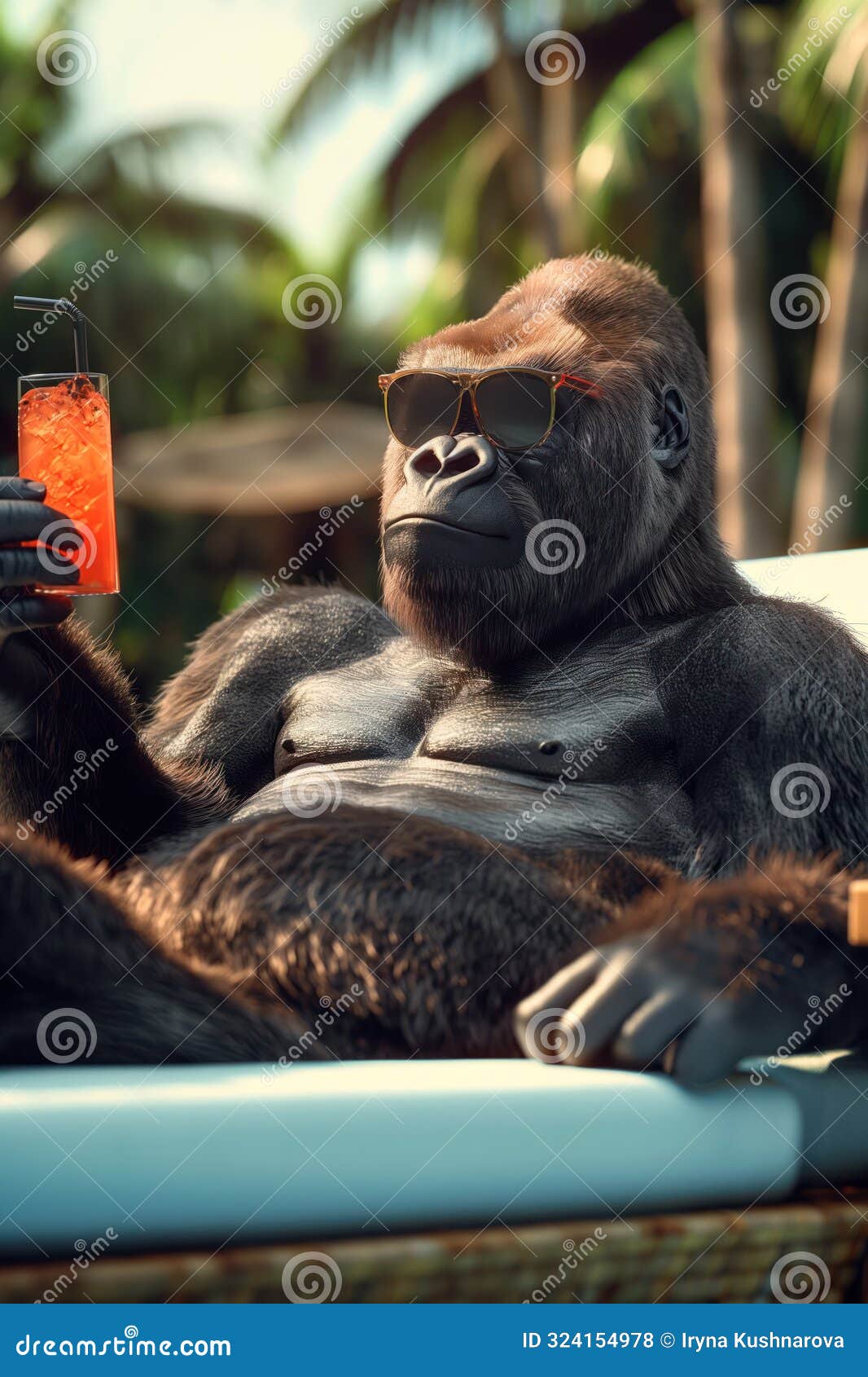 Gorilla Relaxes on Sunbed Near Pool with Orange Juice and Straw ... Gorilla Relaxes on Sunbed Near Pool with Orange Juice and Straw ...