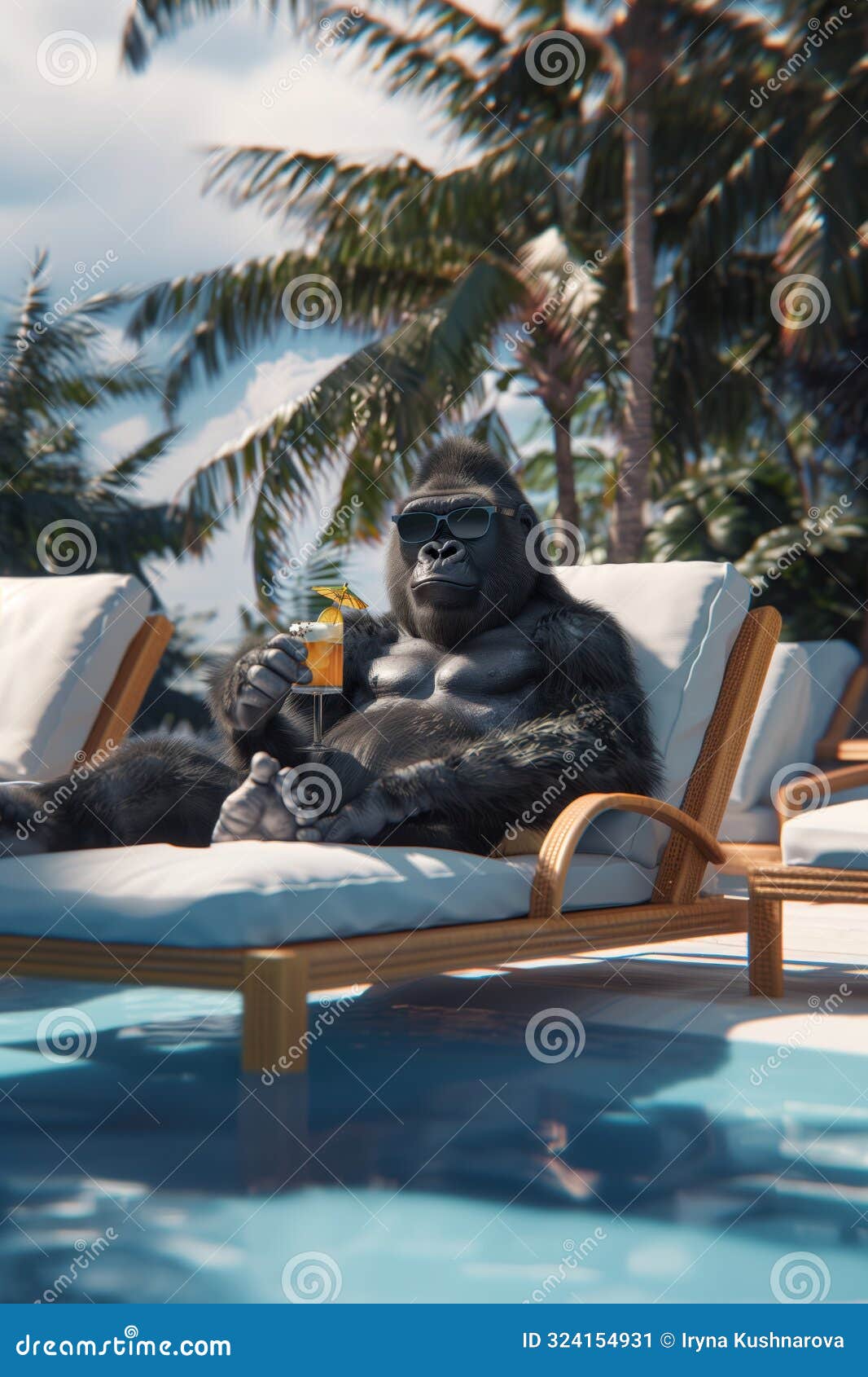 Gorilla Relaxes on White Lounge Chair Near Pool Surrounded by Palm ... Gorilla Relaxes on White Lounge Chair Near Pool Surrounded by Palm ...