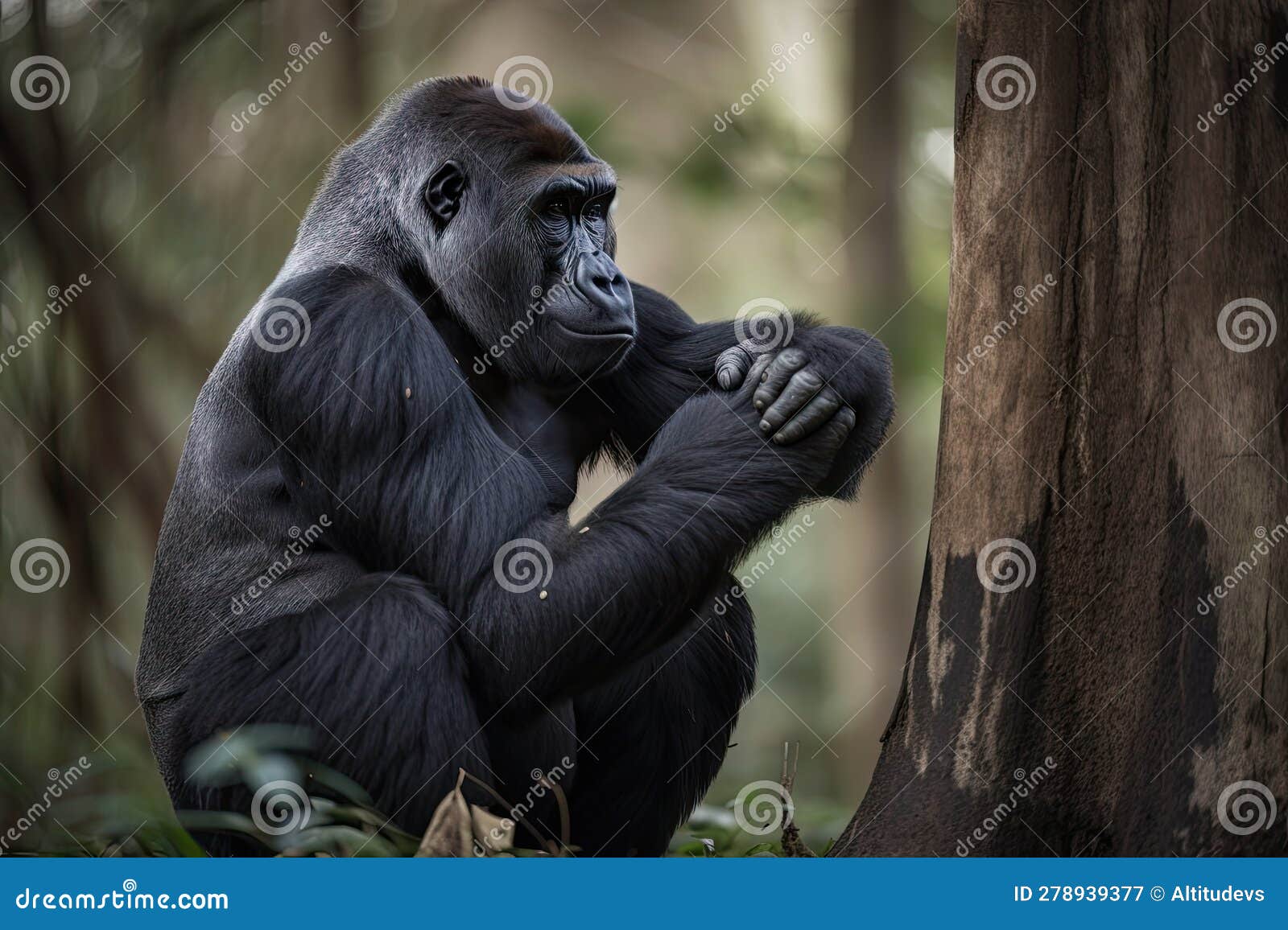 Gorilla, Scratching Its Back Against Tree Trunk, in Peaceful Setting ...