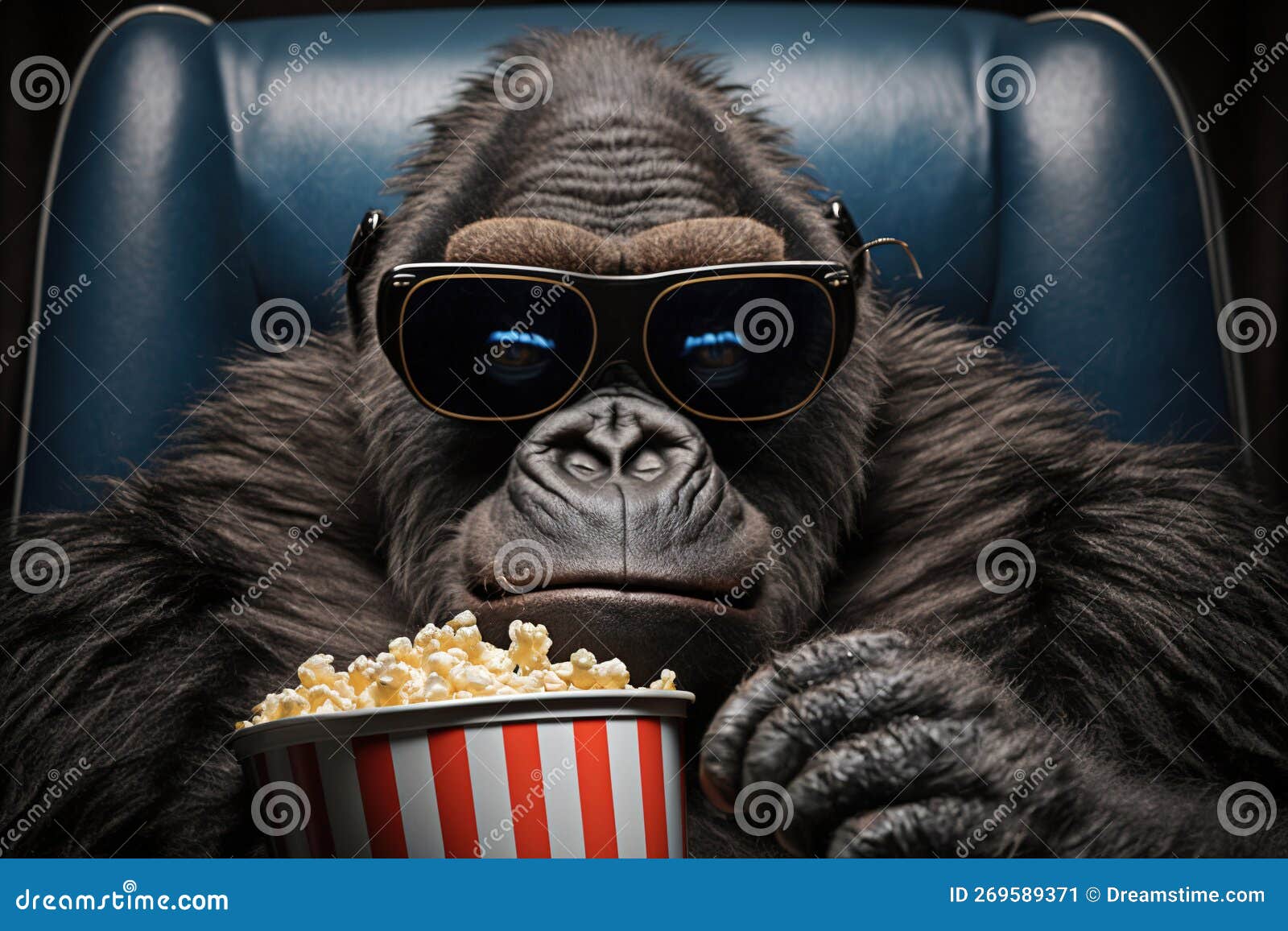 The Gorilla Sits in 3D Glasses in the Cinema Hall, Eats Popcorn ...