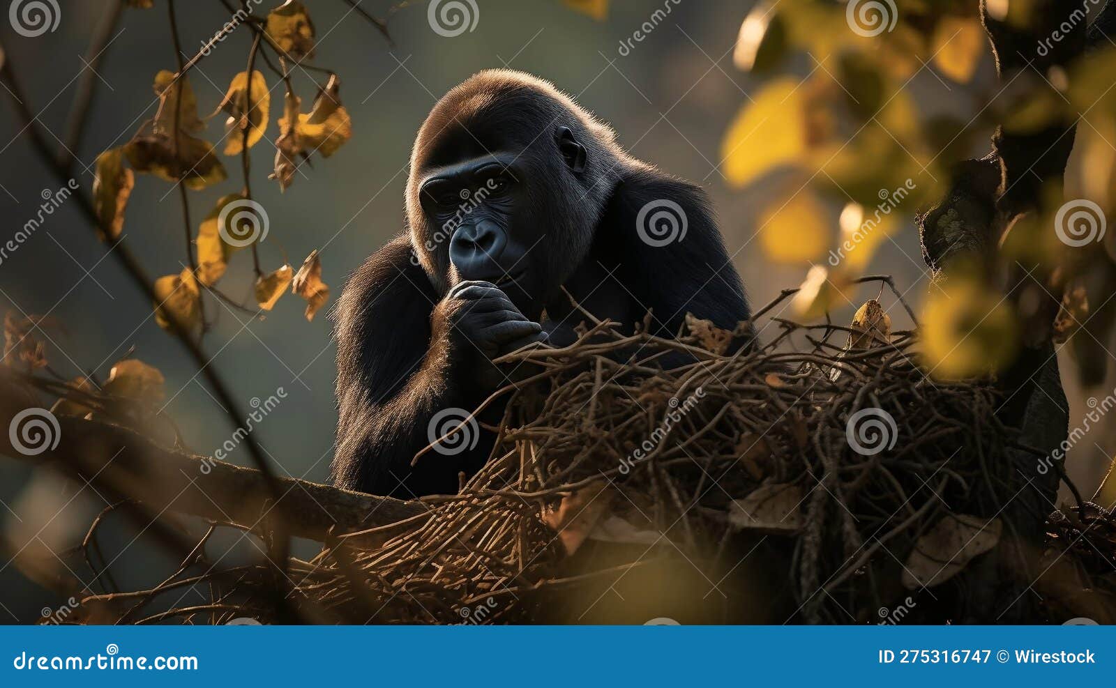 Gorilla Skillfully Constructing a Tree Nest Stock Illustration ...