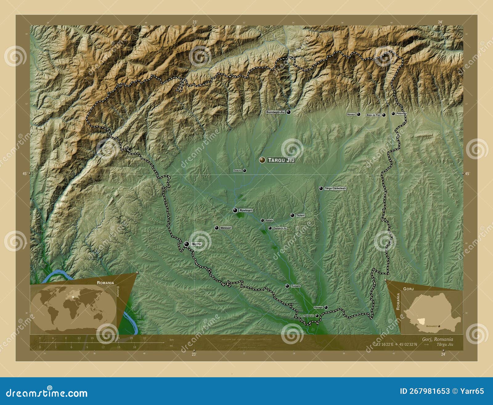 Gorj, Romania. Physical. Labelled Points of Cities Stock Illustration ...