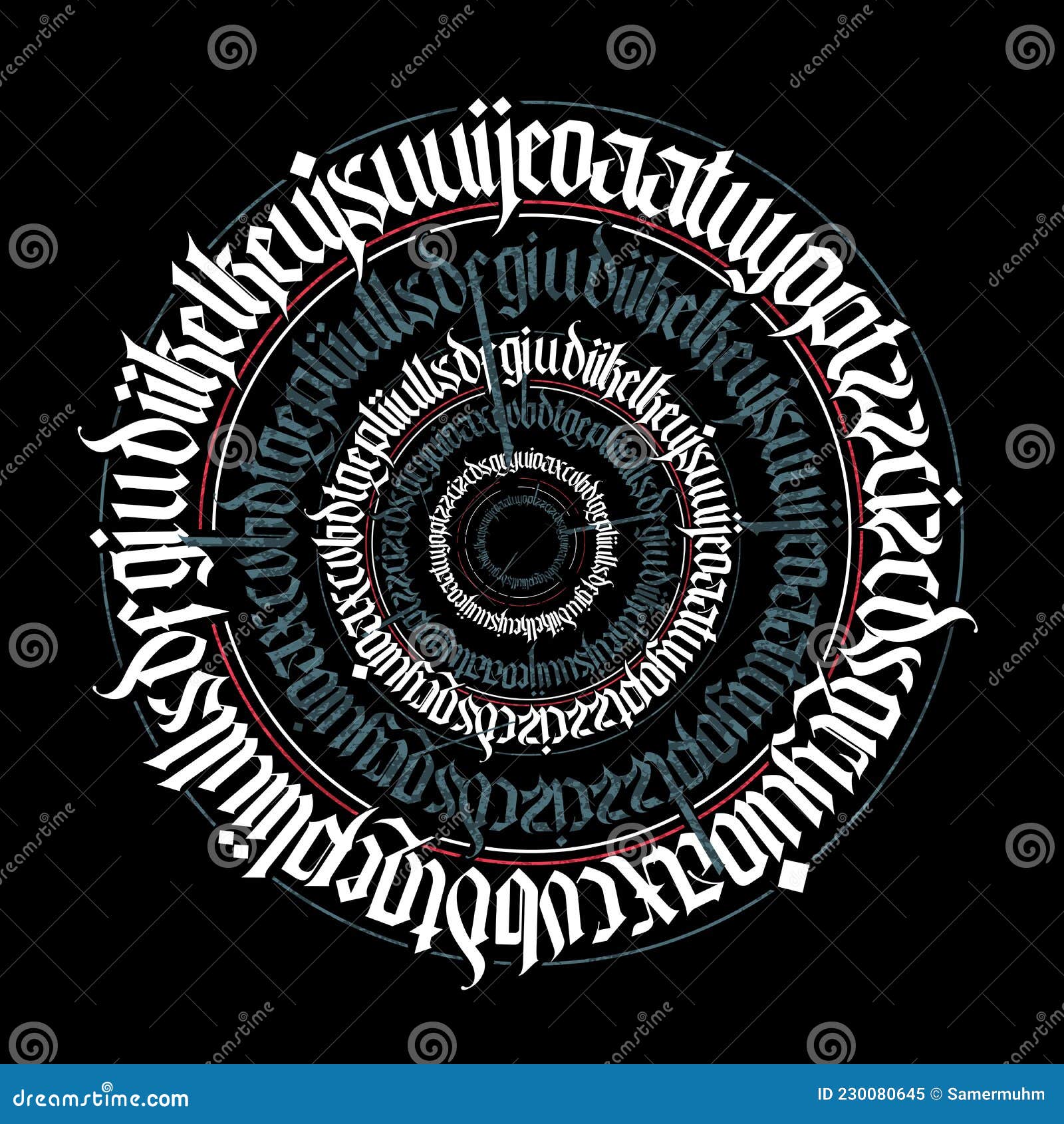 Gothic Abstract Blue, Red and White Rounded Calligraphy, Hand Drawn ...