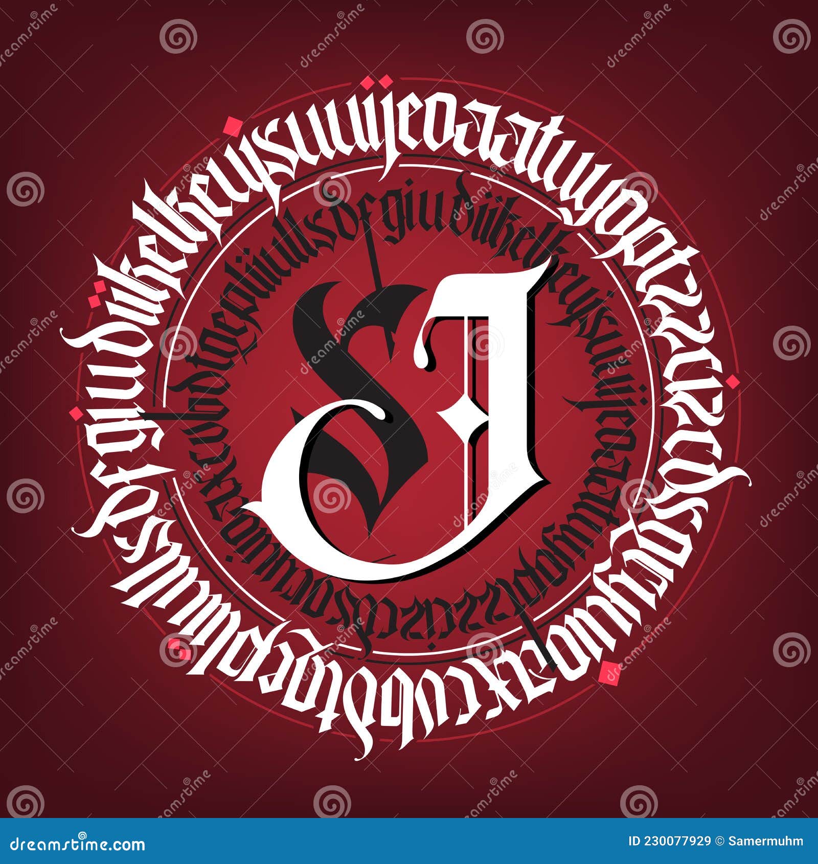 Gothic Abstract Red, Black and White Rounded Calligraphy, Hand Drawn ...