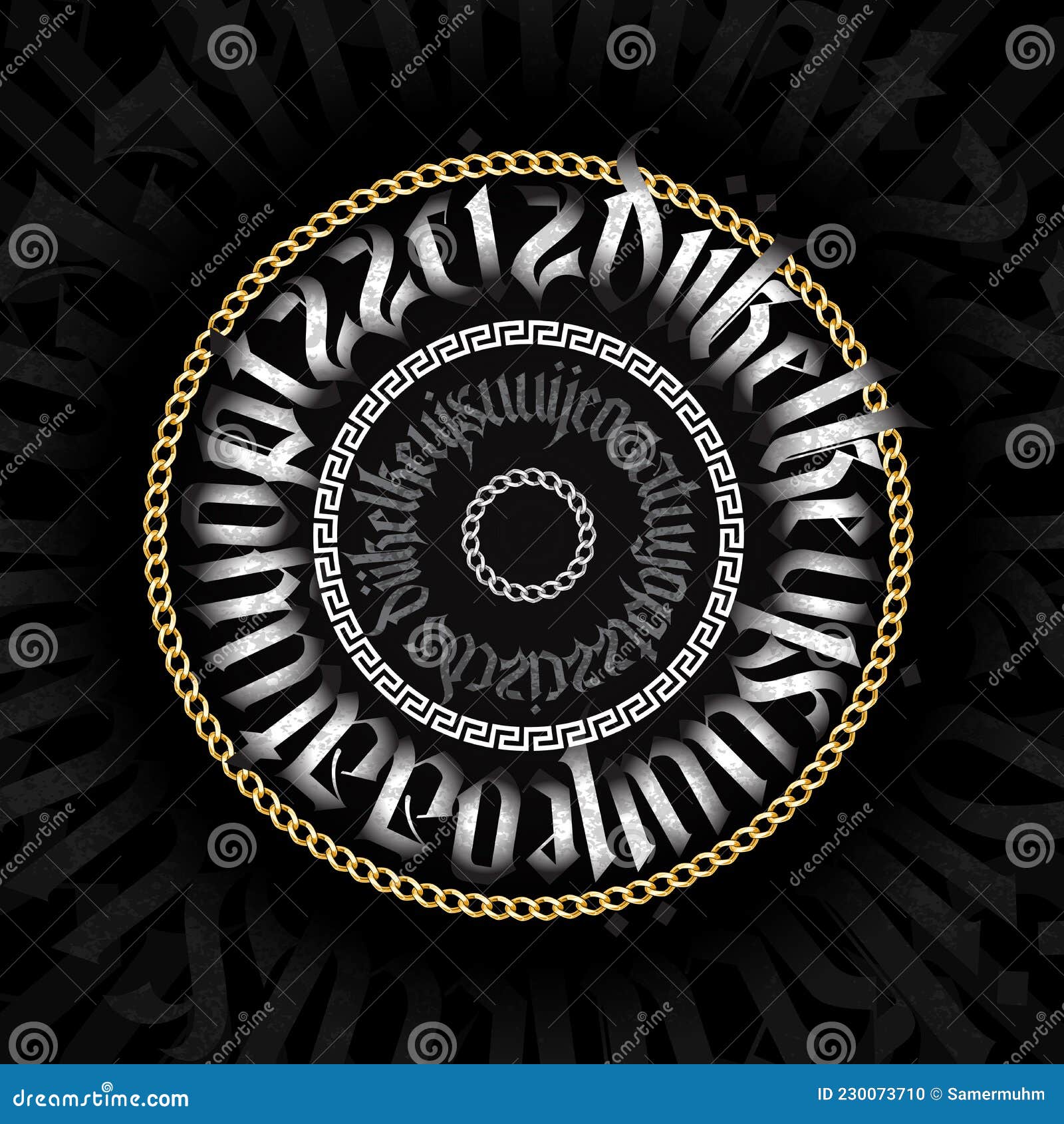 Gothic Abstract Rounded Calligraphy with Golden Chains on Black ...