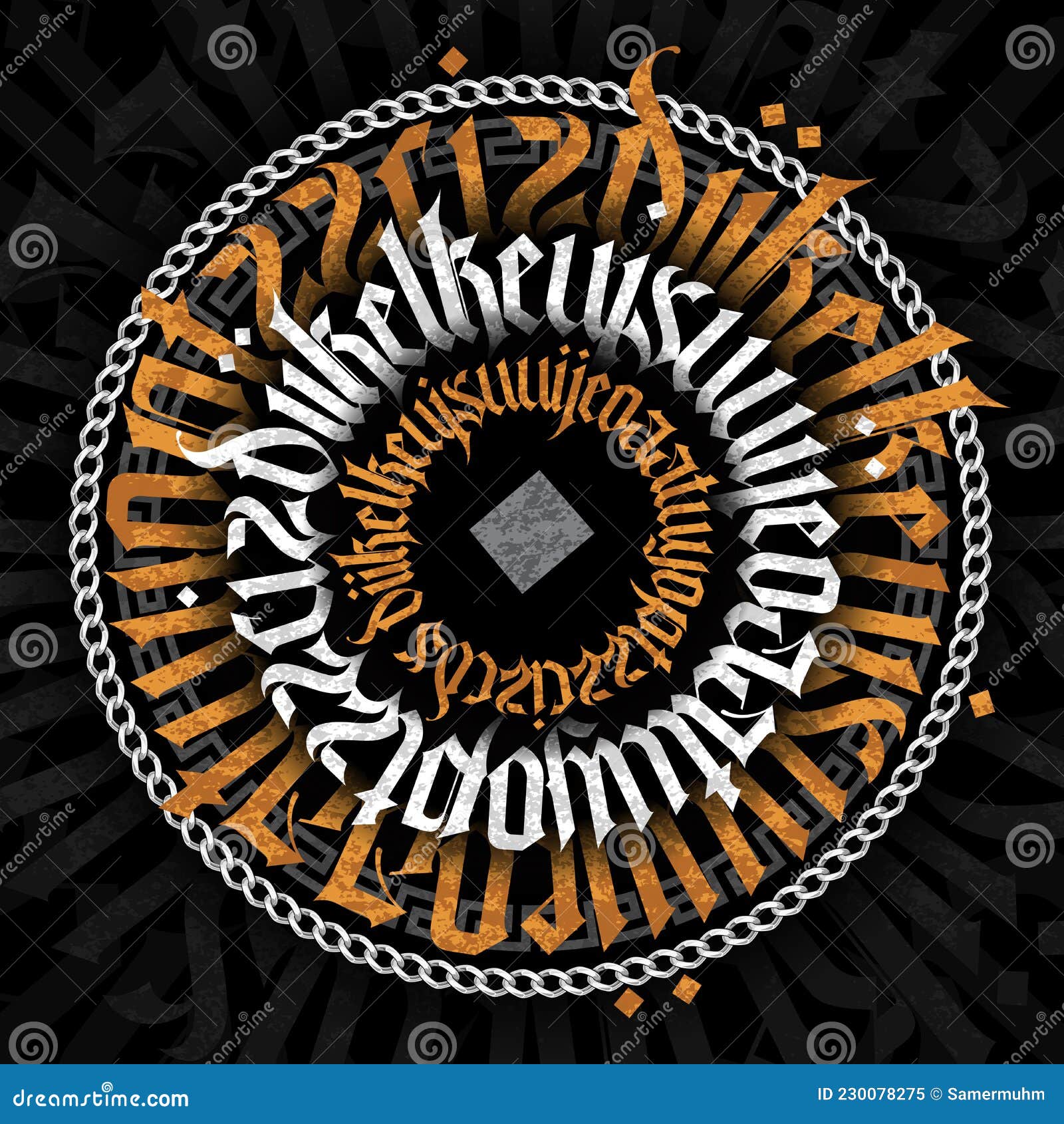 Gothic Abstract Rounded Calligraphy with Silver Chains on Black ...