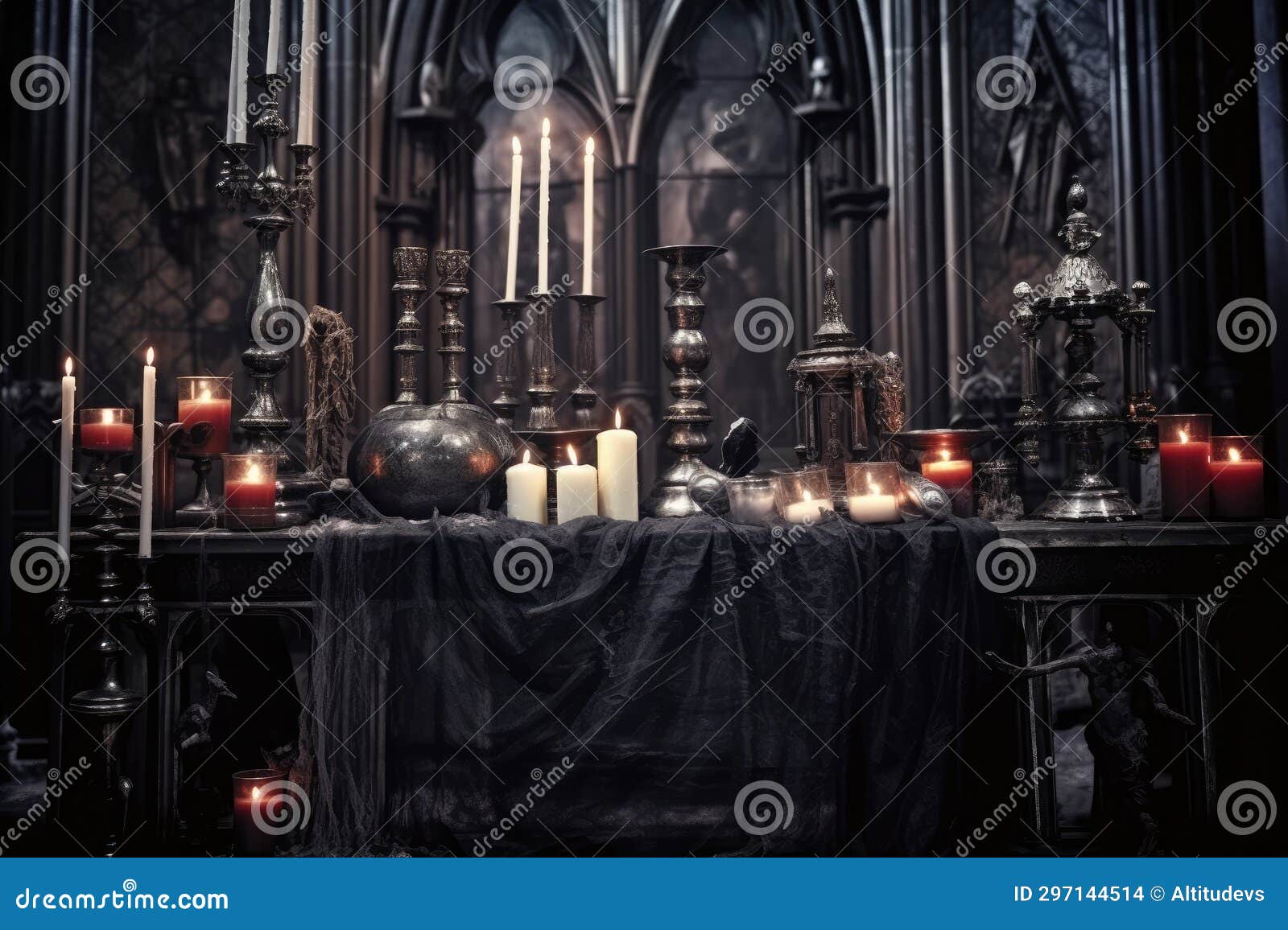 Gothic Altar with Black Candles and Silver Goblets Stock Photo - Image ...